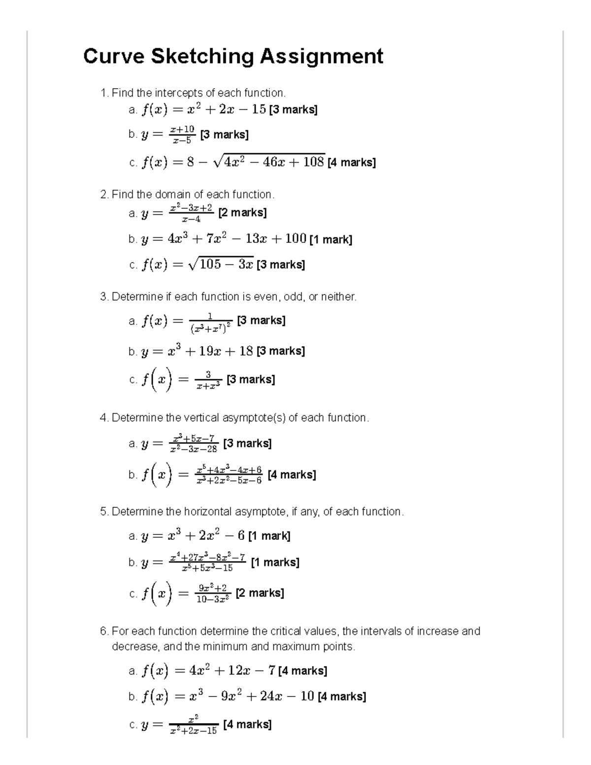 Unit 3 - Curve Sketching Assignment Guide for Functions - Studocu