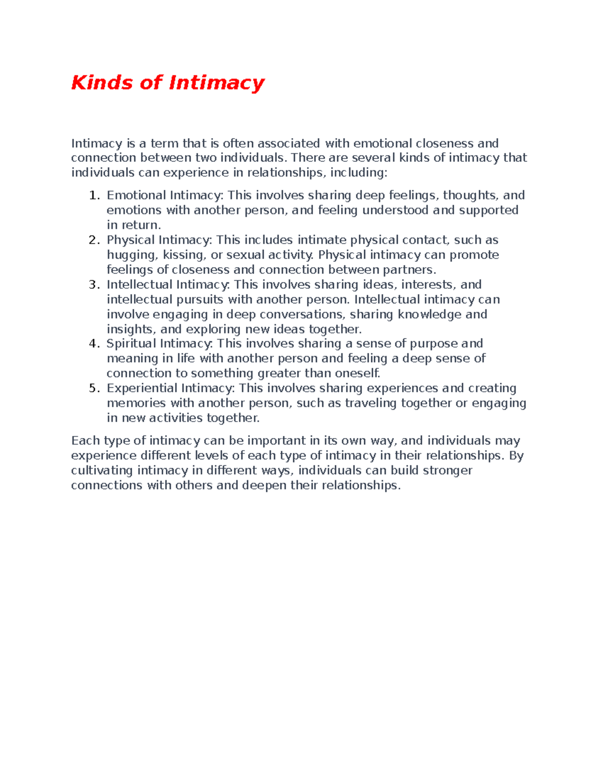 Document 92 - essay - Kinds of Intimacy Intimacy is a term that is ...