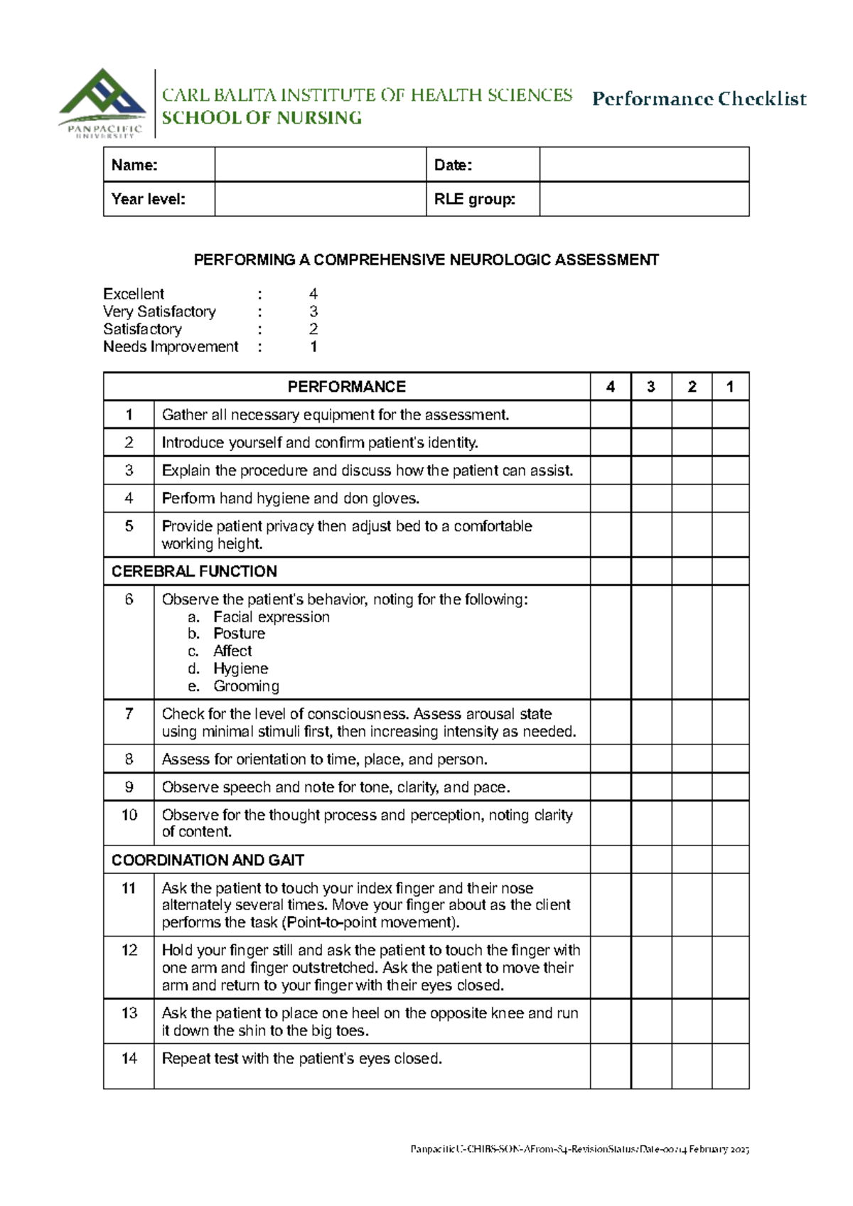 084 Performance Checklist: Comprehensive Neuro Assessment - Studocu