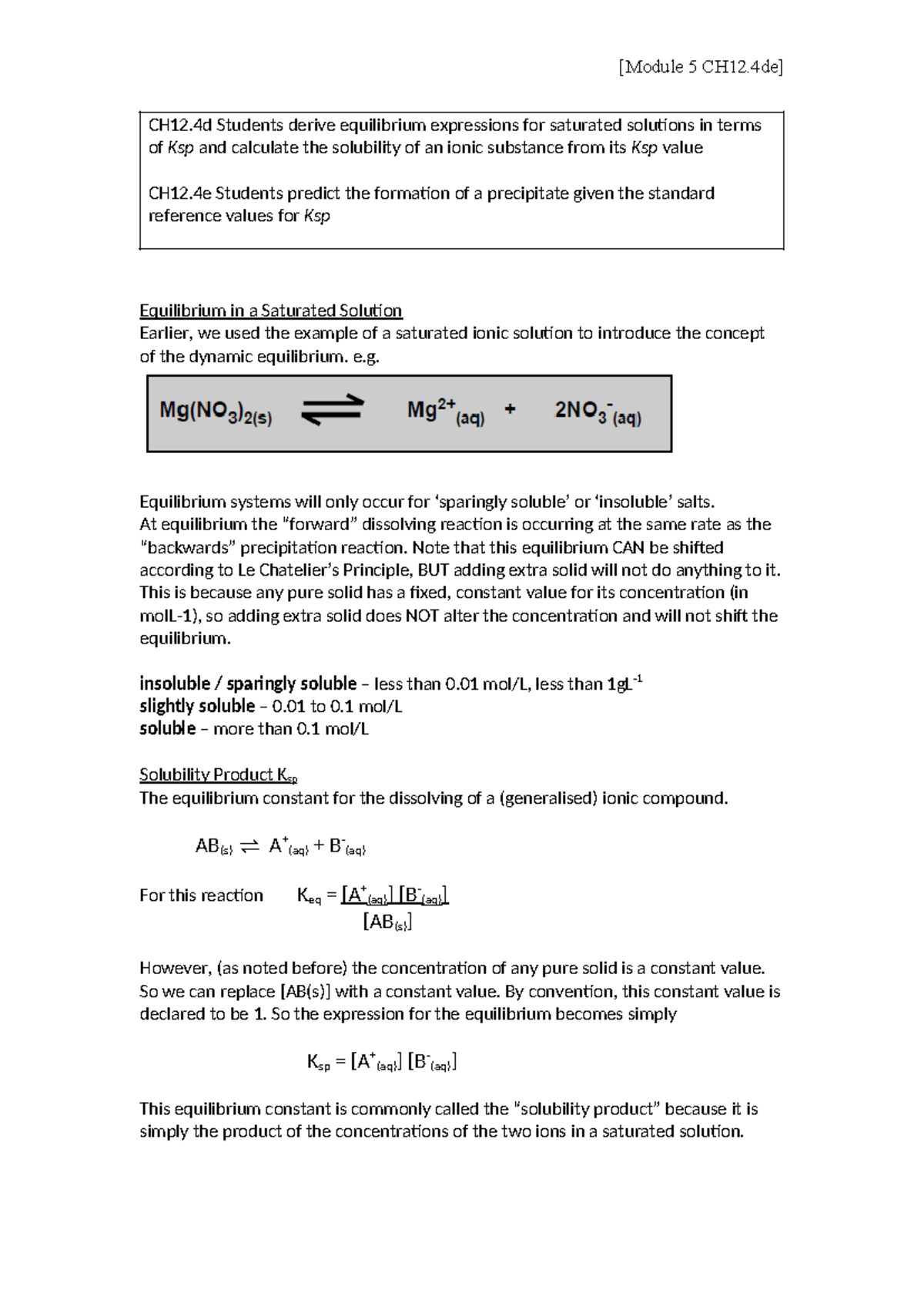 Module 5 CH12.4de Equilibrium Expressions & Ksp Calculations - Studocu