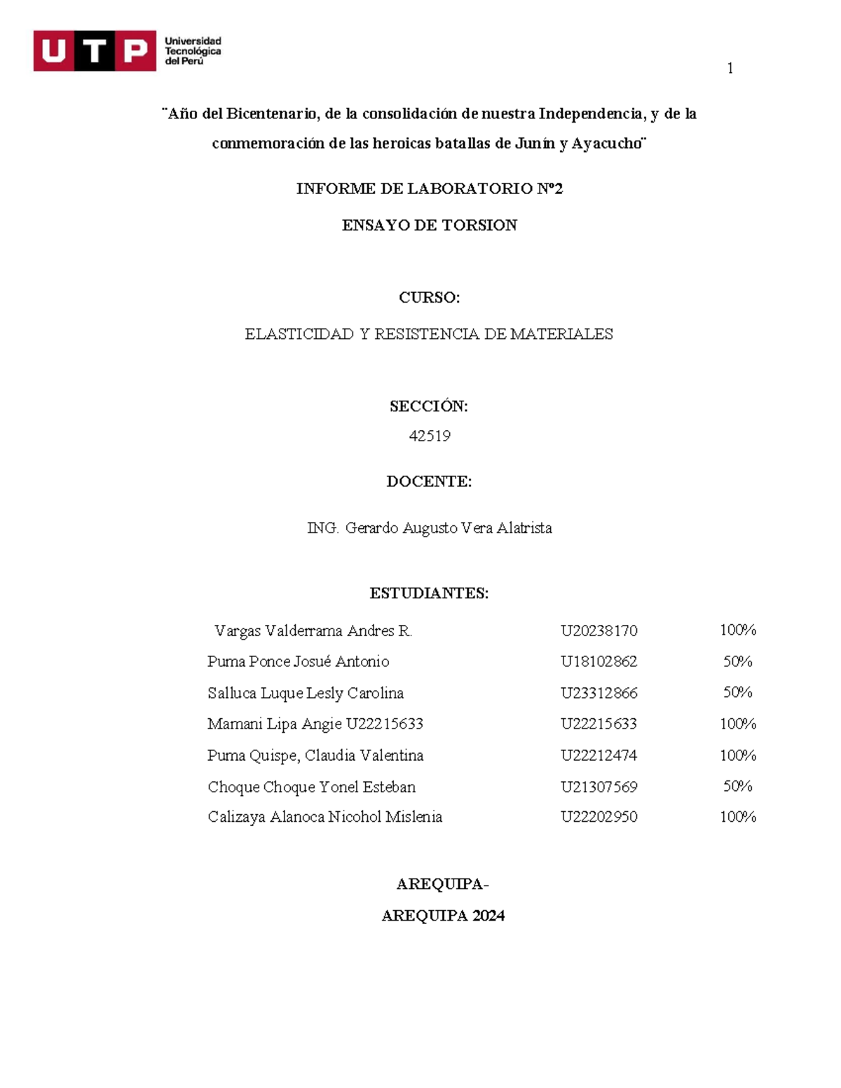 Informe de Laboratorio Nº2: Ensayo de Torsión - Elasticidad y ...
