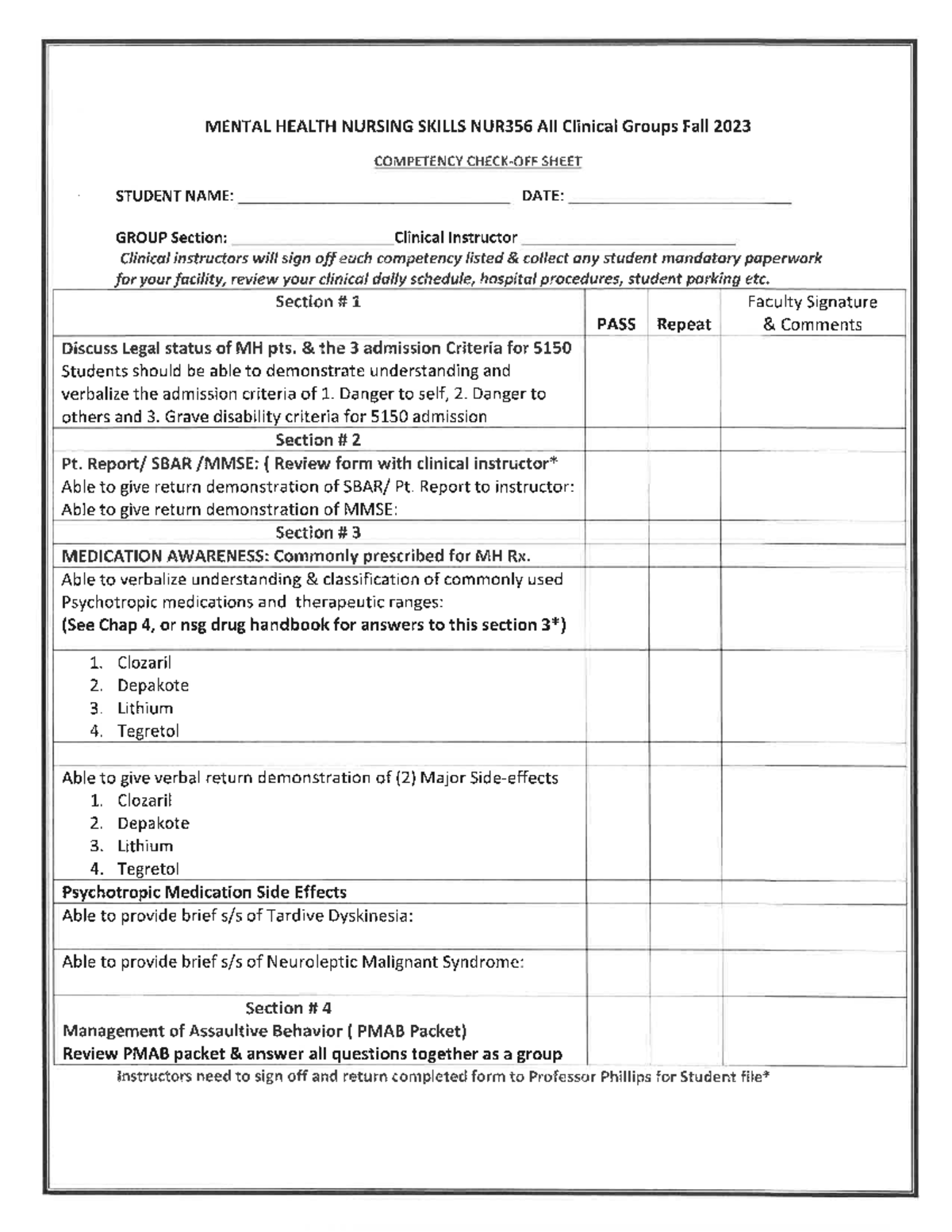 NUR356 Fall 2023 Mental Health Nursing Skills Competency Sheet - Studocu