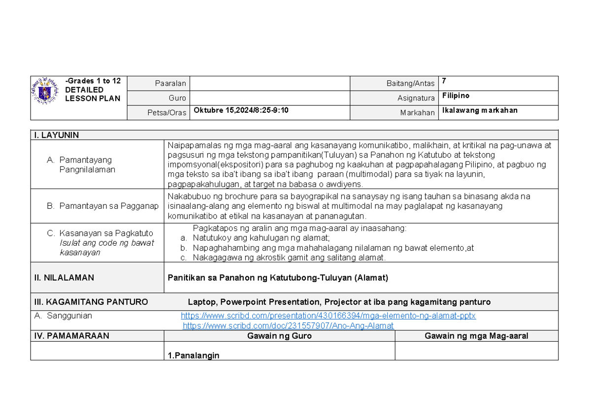 Alamat Lesson Plan for Grade 7 - Filipino (October 15, 2024) - Studocu