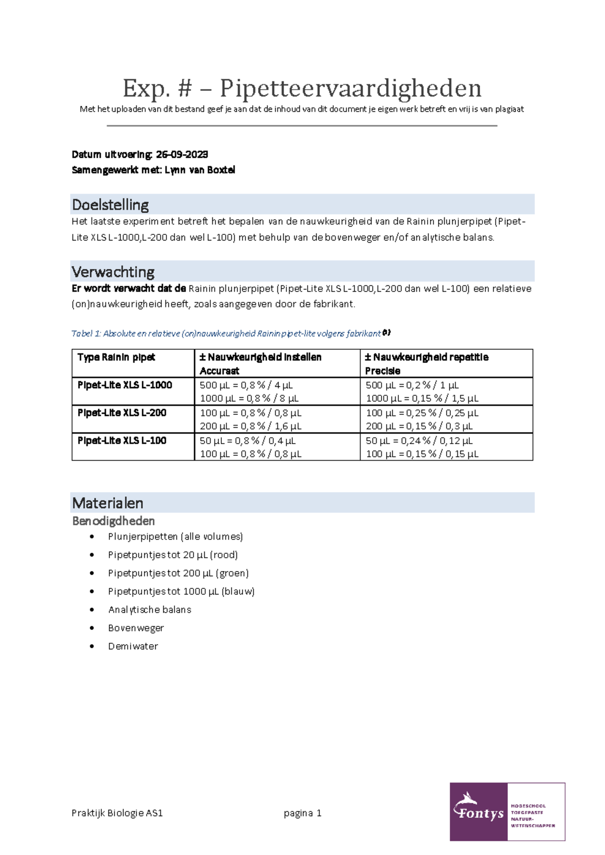 Pipetteer Practicum: Nauwkeurigheid en Precisie van Rainin Pipetten ...