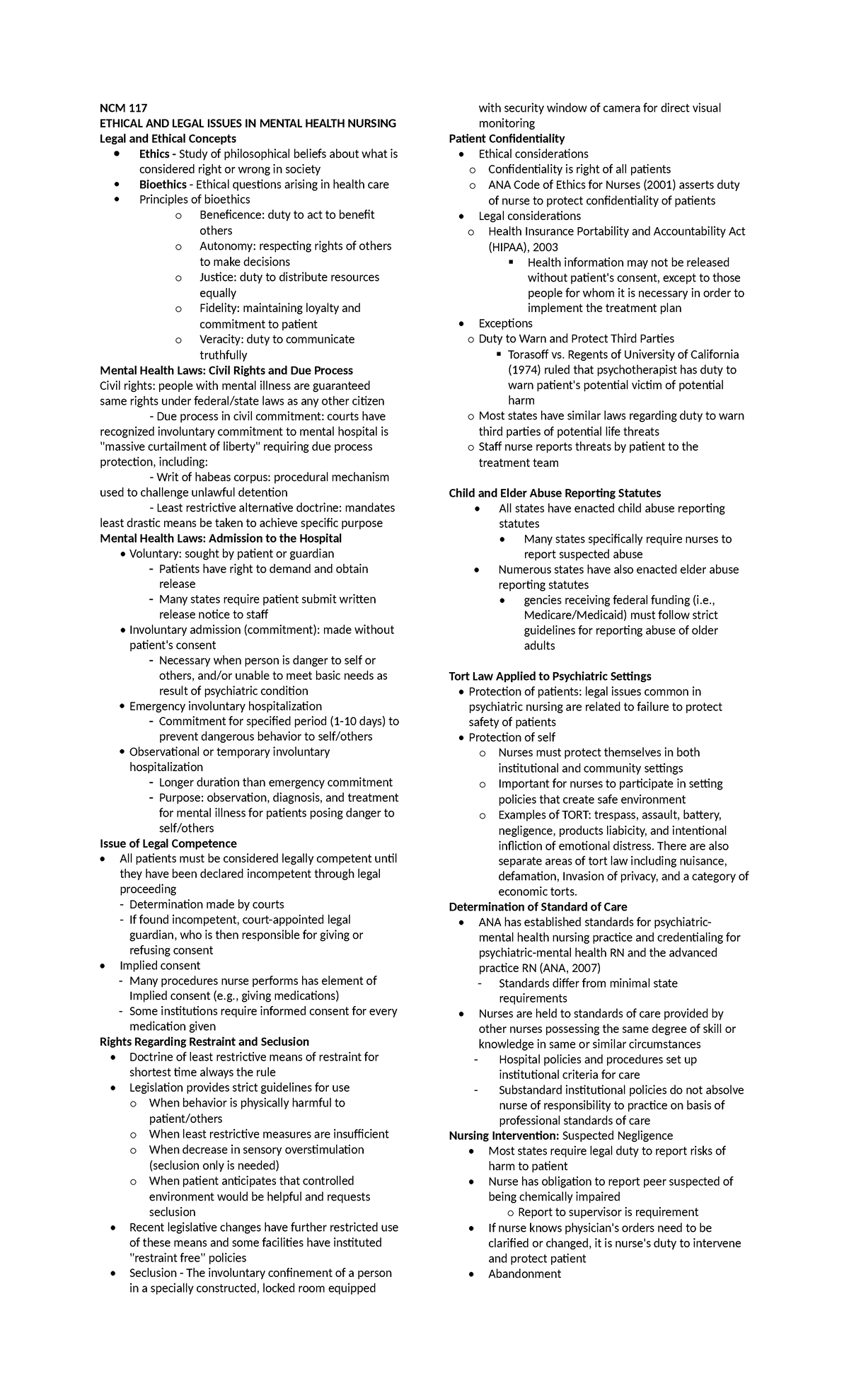 NCM 117 Lecture Notes: Exploring Legal and Ethical Issues in Mental ...