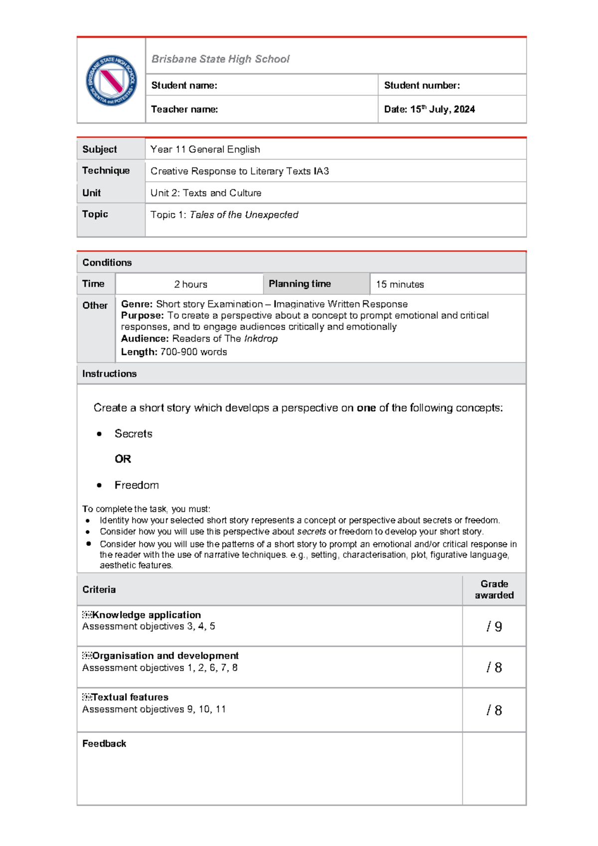 11ENG FIA3 Creative Response Short Story Exam 2024 - Studocu