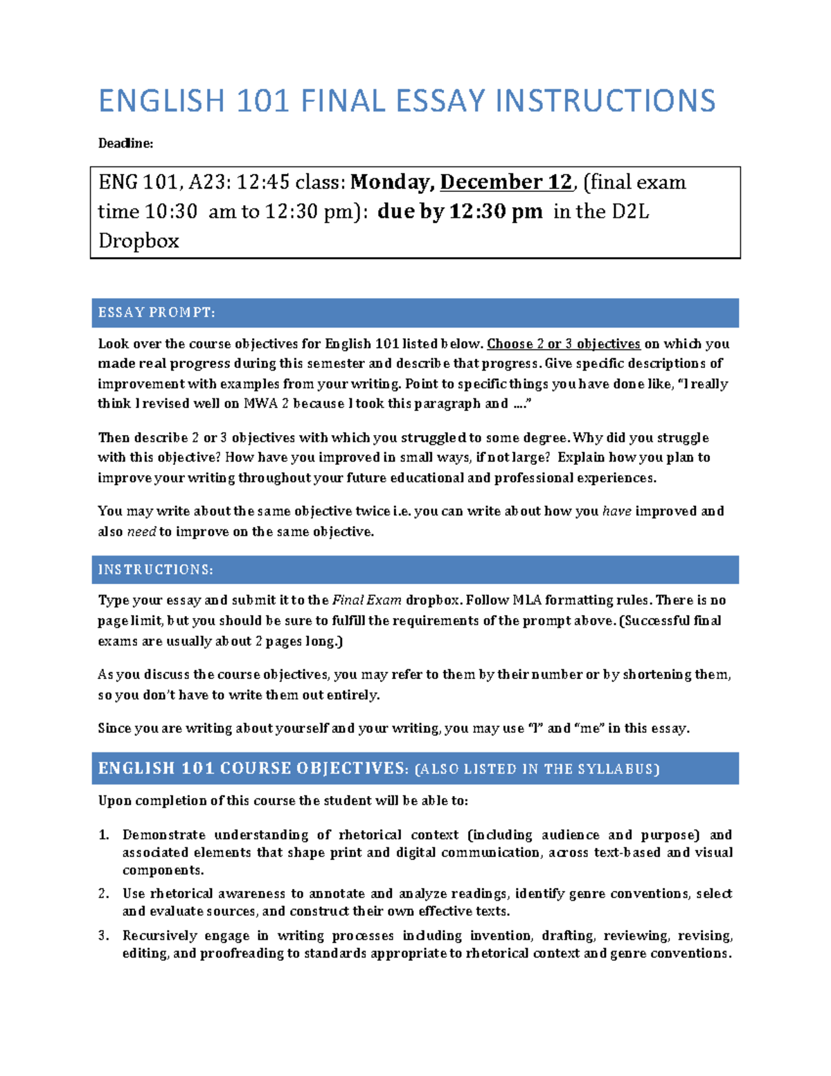 ENG 101 Final Essay Instructions & Guidelines - A23 - Studocu