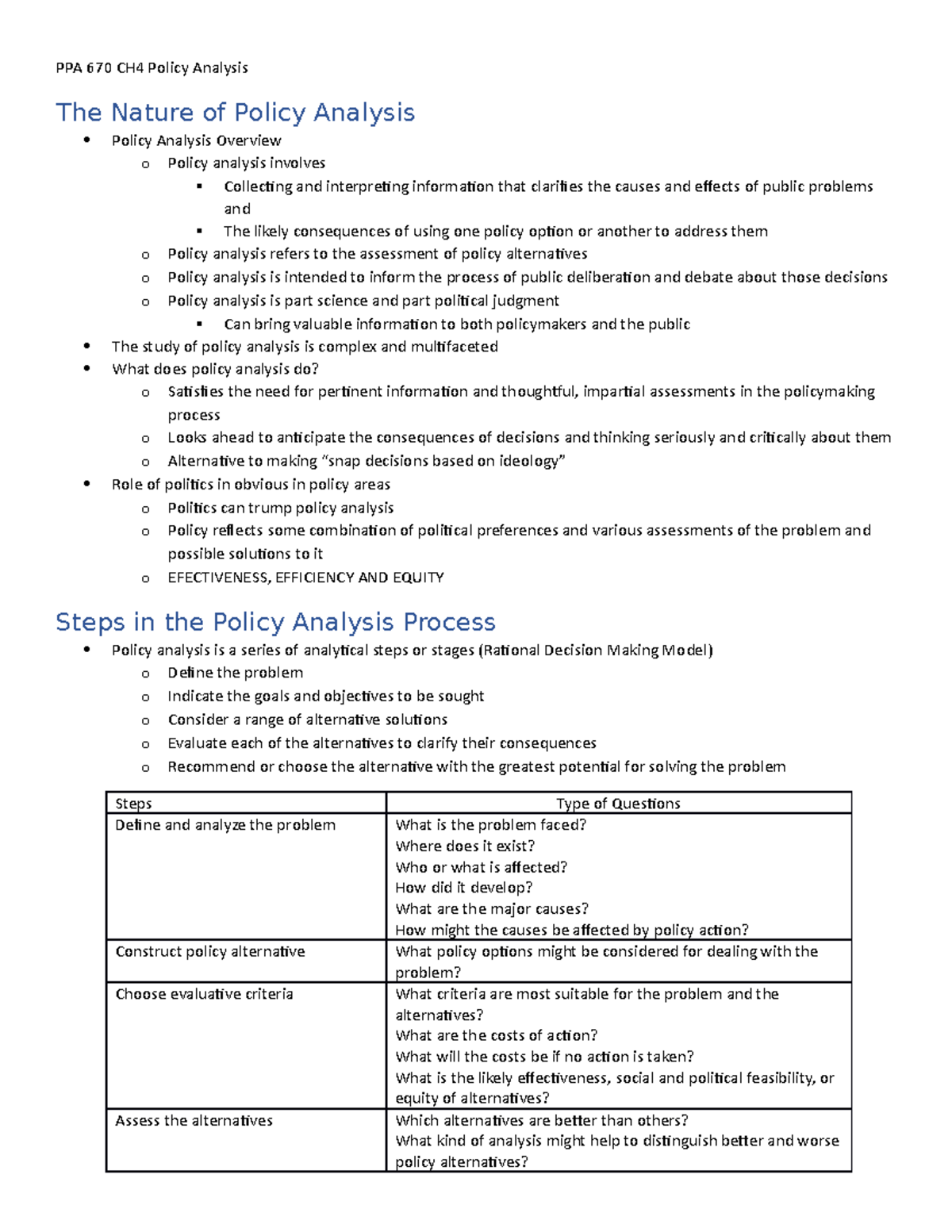 PPA 670 Chapter 4: Understanding Policy Analysis Methods - Studocu