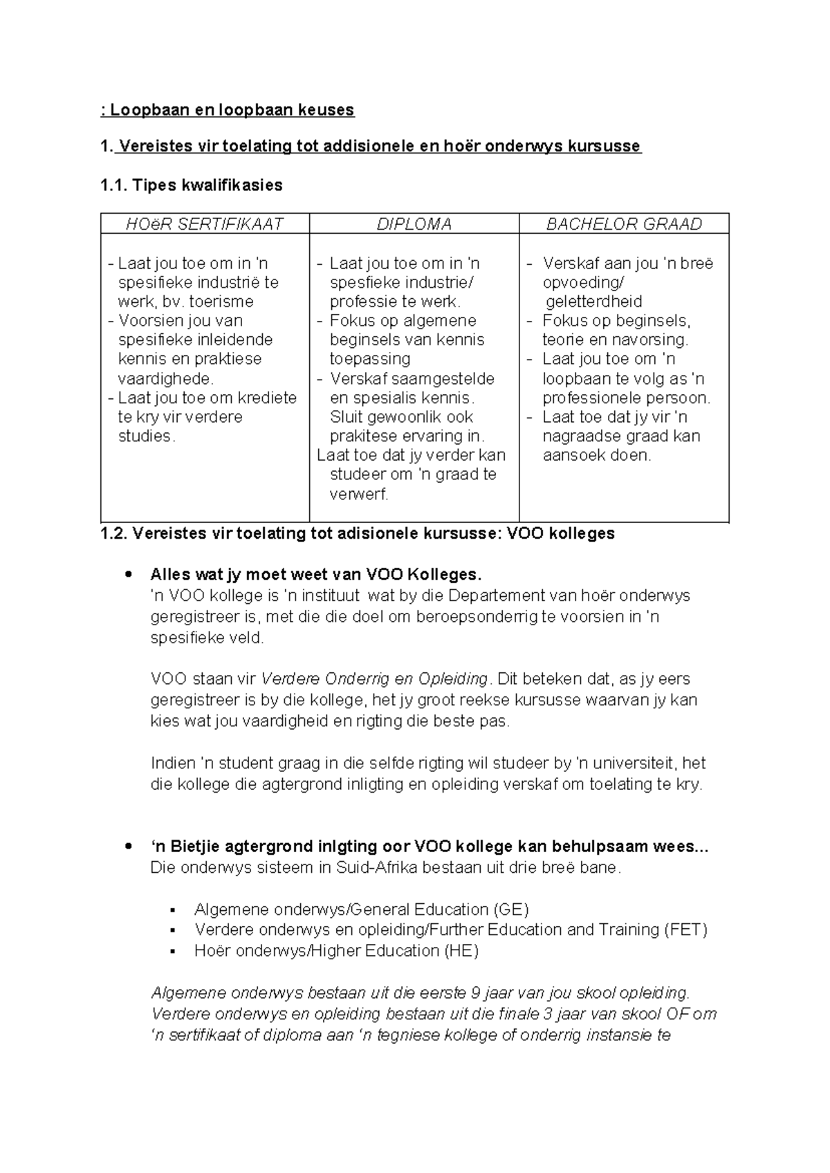 Loopbaan en Toelatingseise: 'n Gids vir VOO en Hoër Onderwys - Studocu