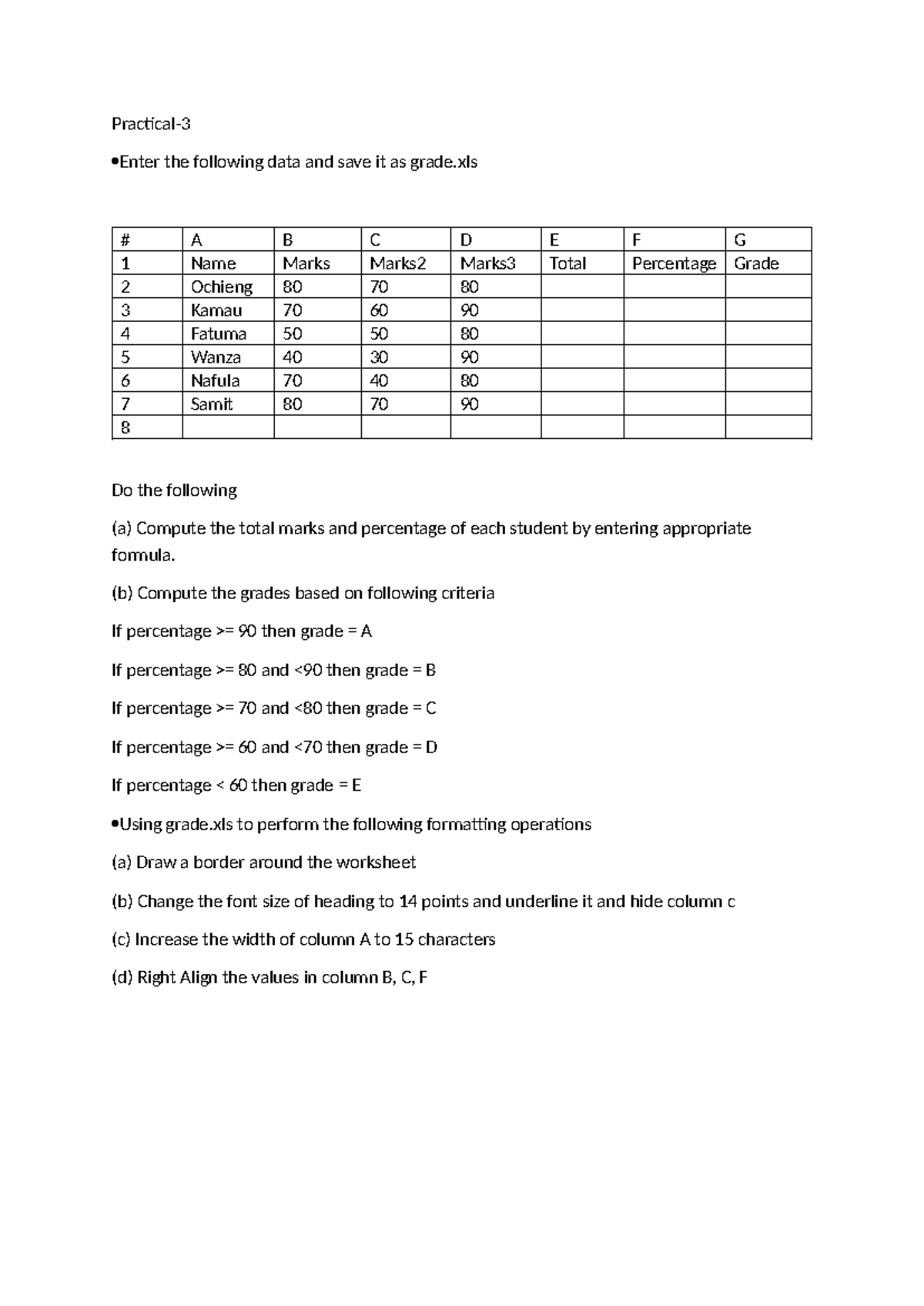 Excel Practical 1: Grade Calculation and Formatting Guide - Studocu