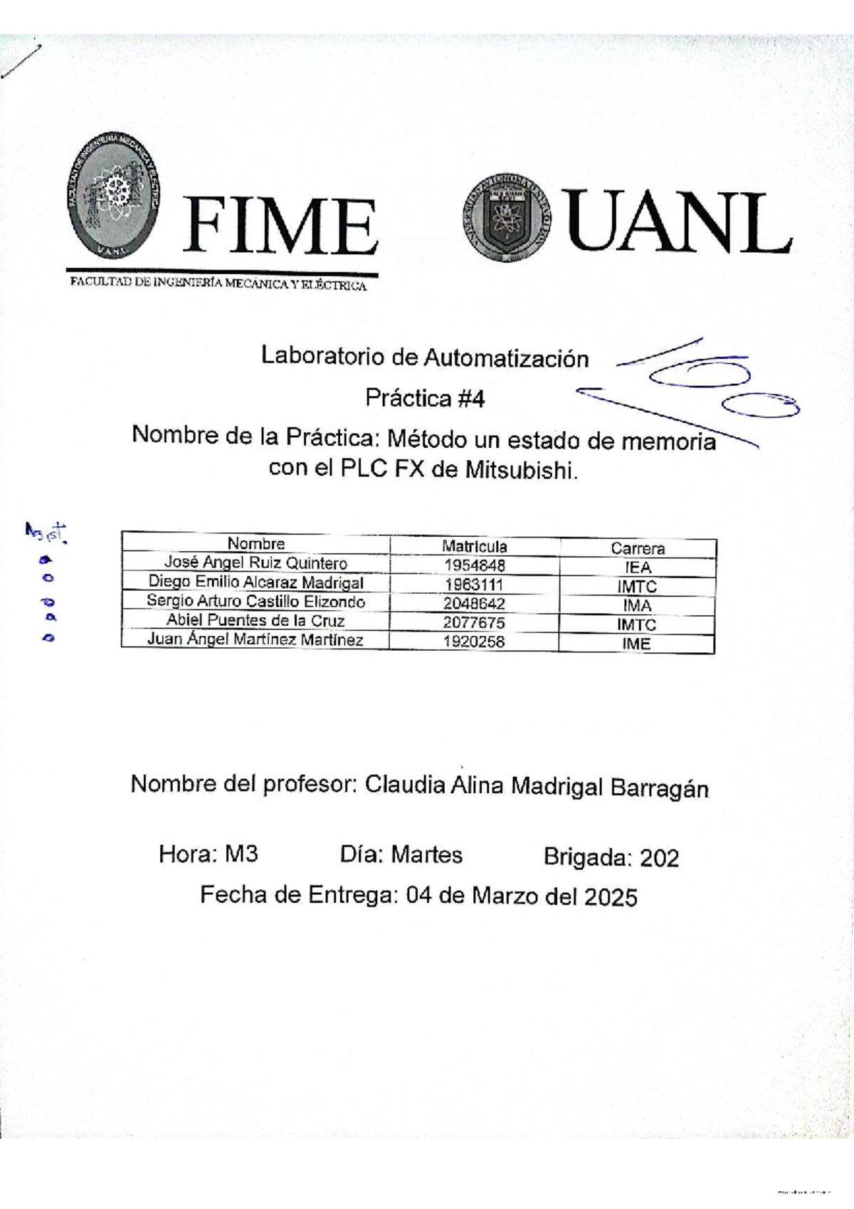 Práctica 4: Método de Un Estado de Memoria con PLC FX - UANL - Studocu