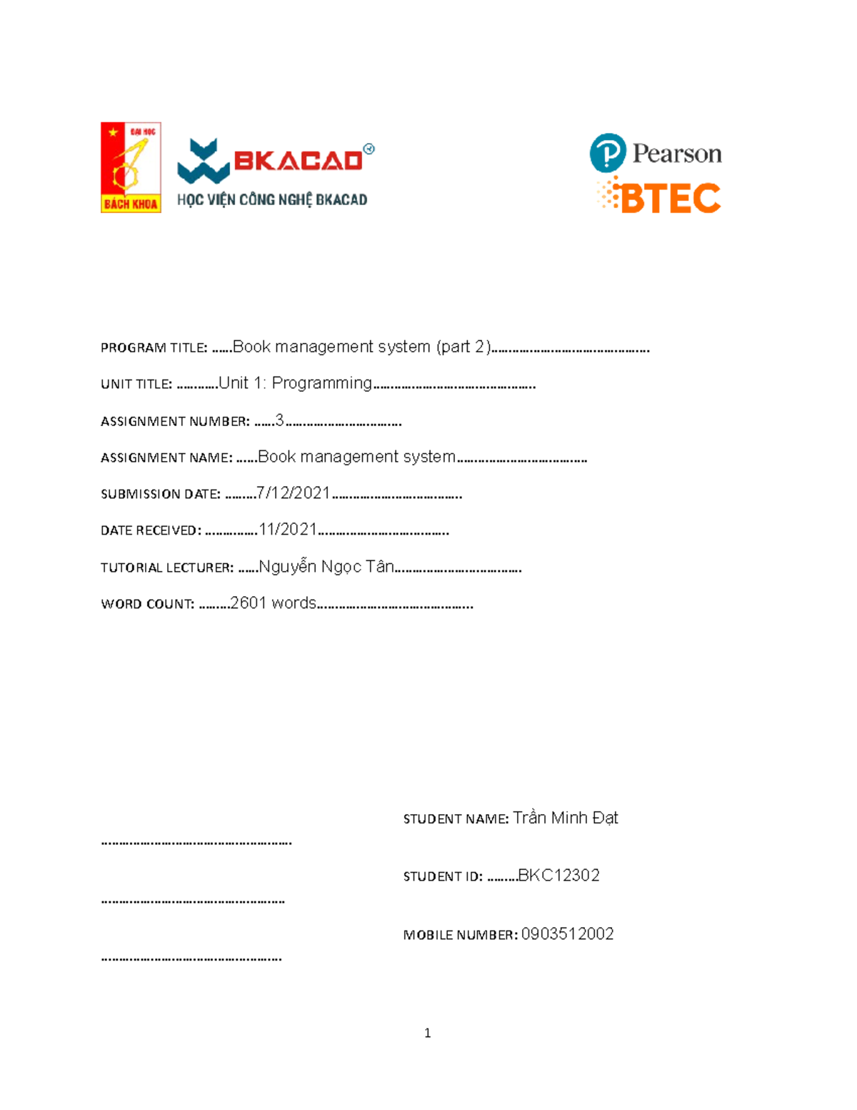 BKC 3 Assignment: Book Management System (Part 2) Overview - Studocu