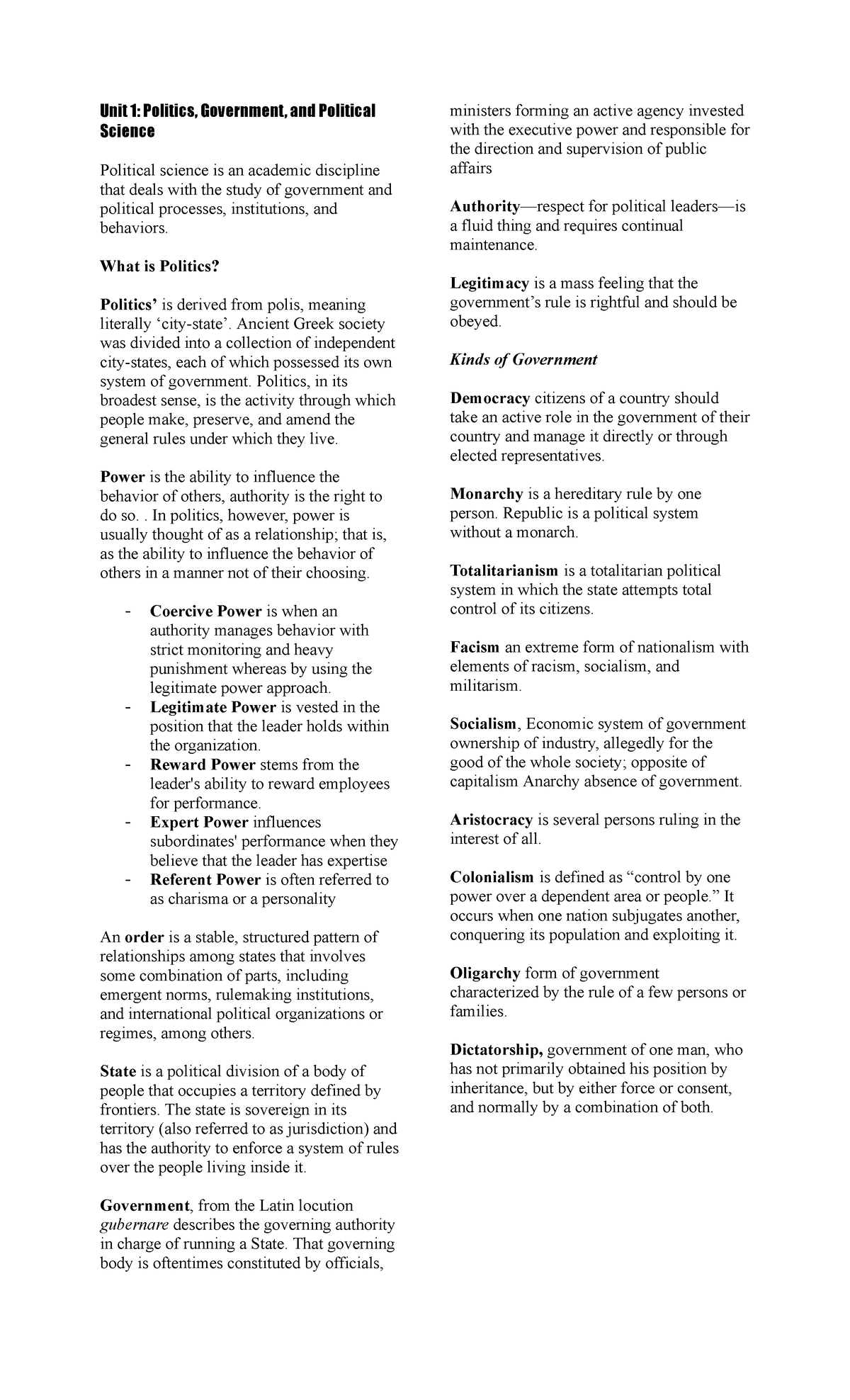 Political Science Fundamentals: Comprehensive Unit 1 Review - Studocu