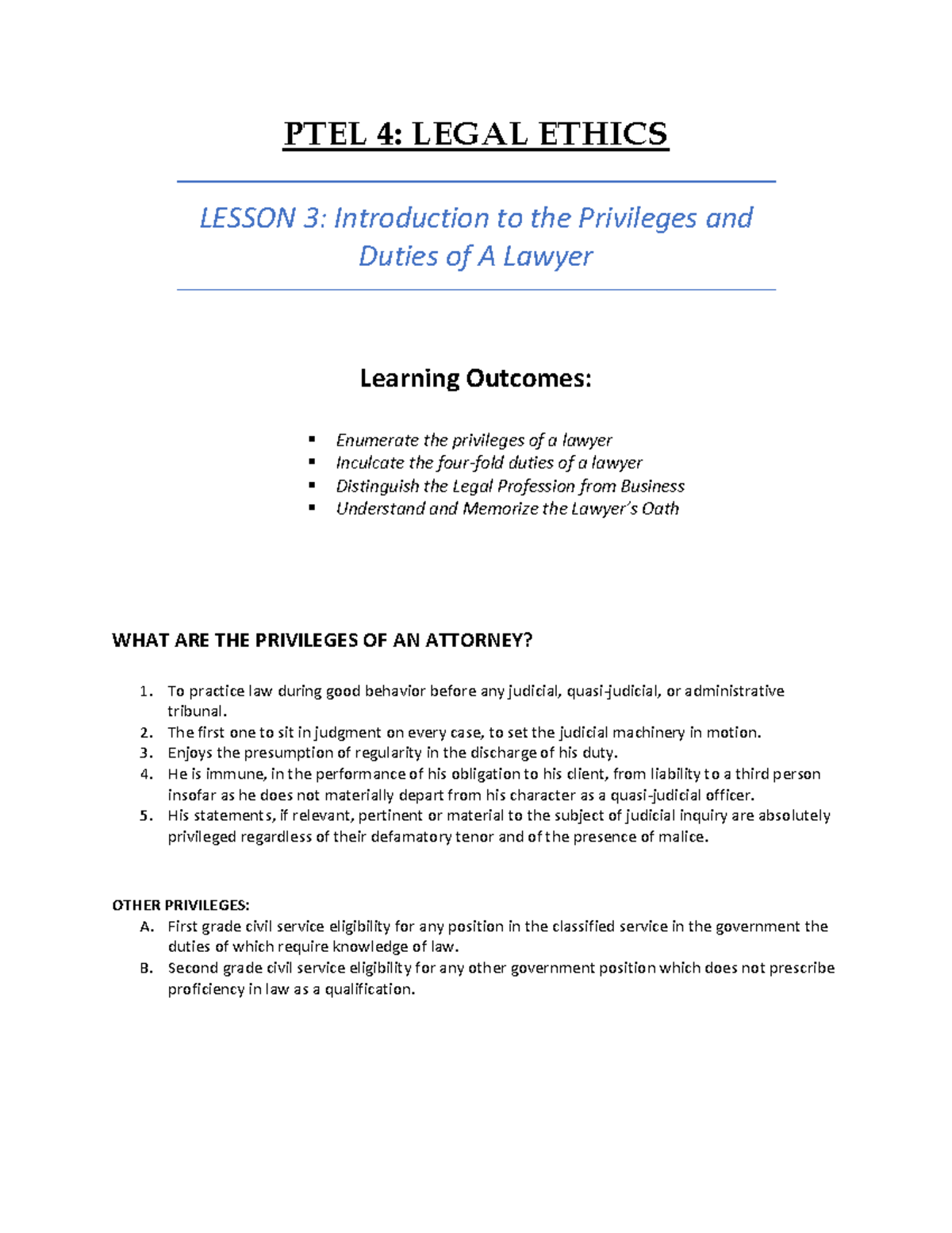 PTEL 4: LEGAL ETHICS LESSON 3 - Privileges and Duties of a Lawyer - Studocu