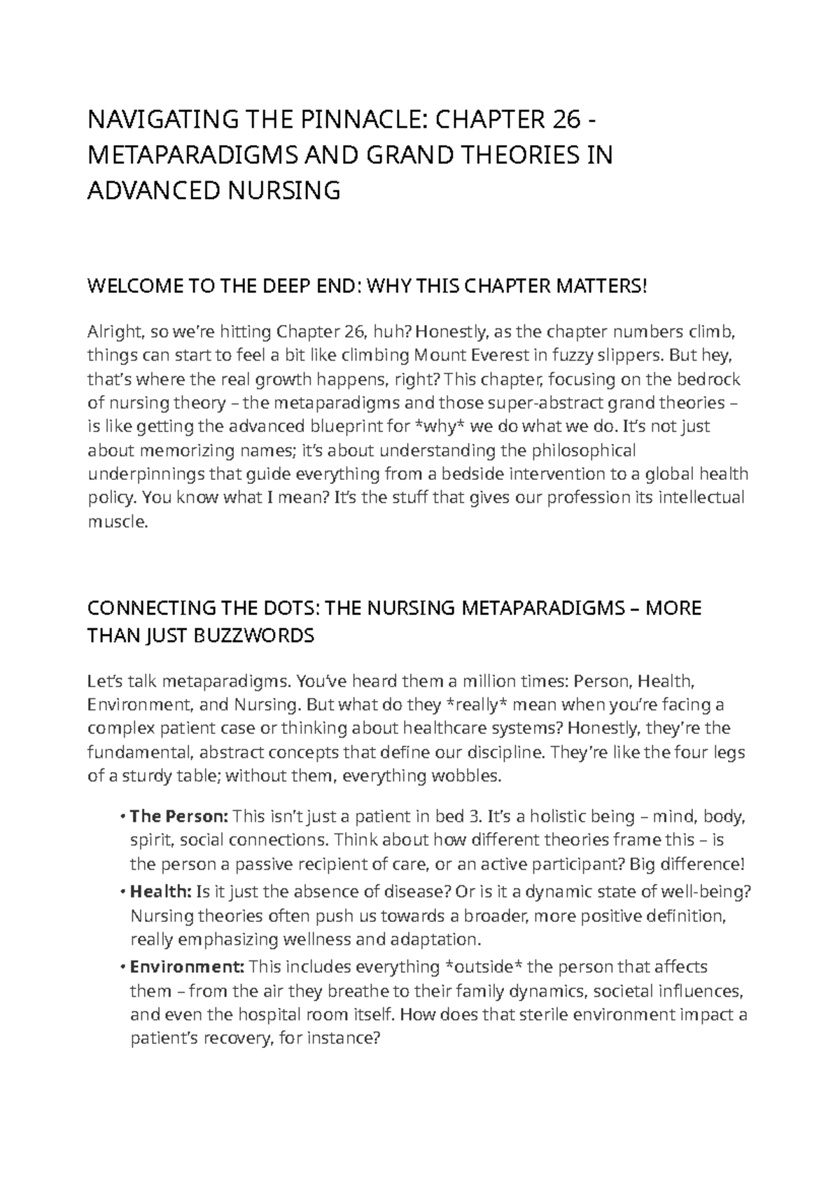 Nursing Theory Guide: Chapter 26 Metaparadigms & Grand Theories - Studocu
