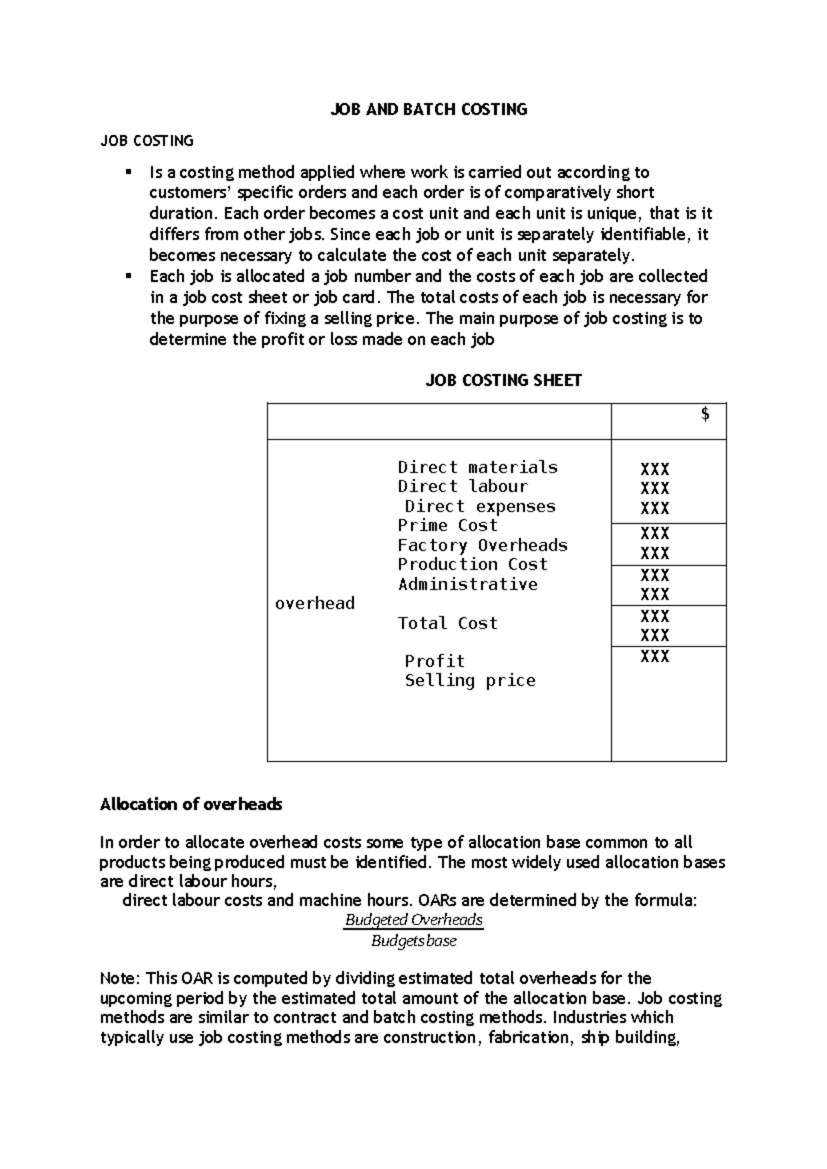 JOB AND BATCH COSTING - Notes on Accounts and Costing Methods - Studocu