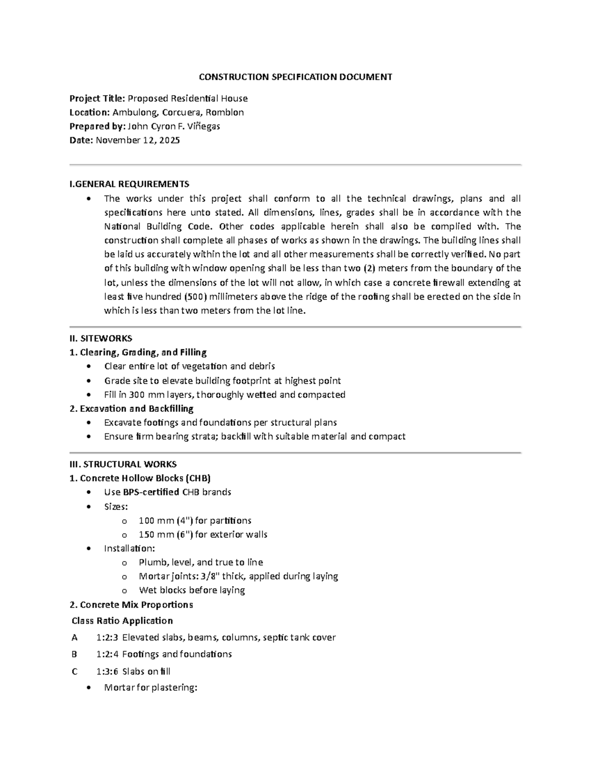 CONSTRUCTION SPECIFICATIONS FOR RESIDENTIAL HOUSE PROJECT - Studocu