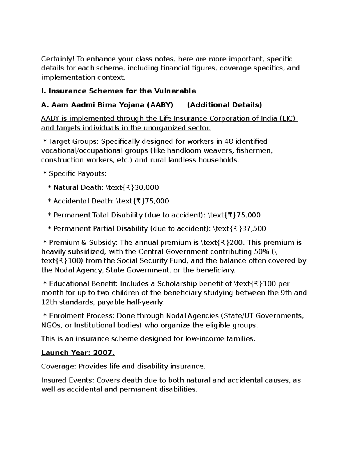 Insurance Schemes for the Vulnerable: Summary Notes (Self-Made) - Studocu