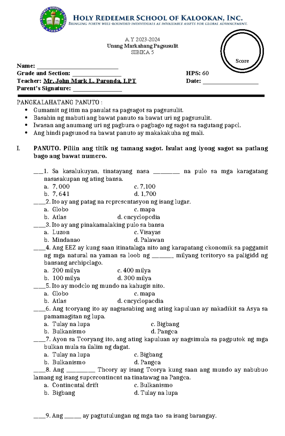 Sibika 5 - Sample for 1st Exam (A.Y 2023) - Studocu