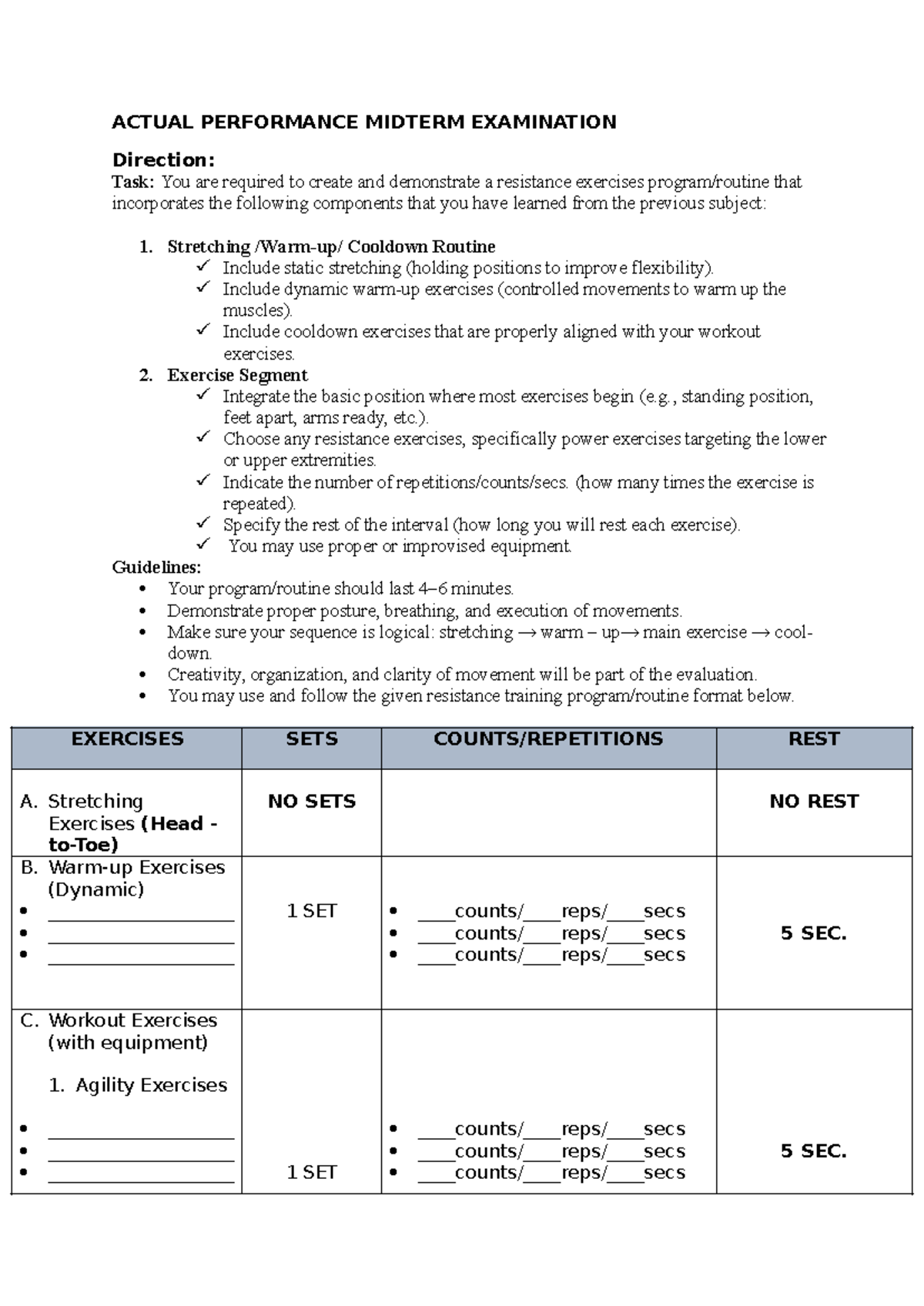 ACTUAL PERFORMANCE MIDTERM EXAM: Resistance Exercise Demo Guide - Studocu