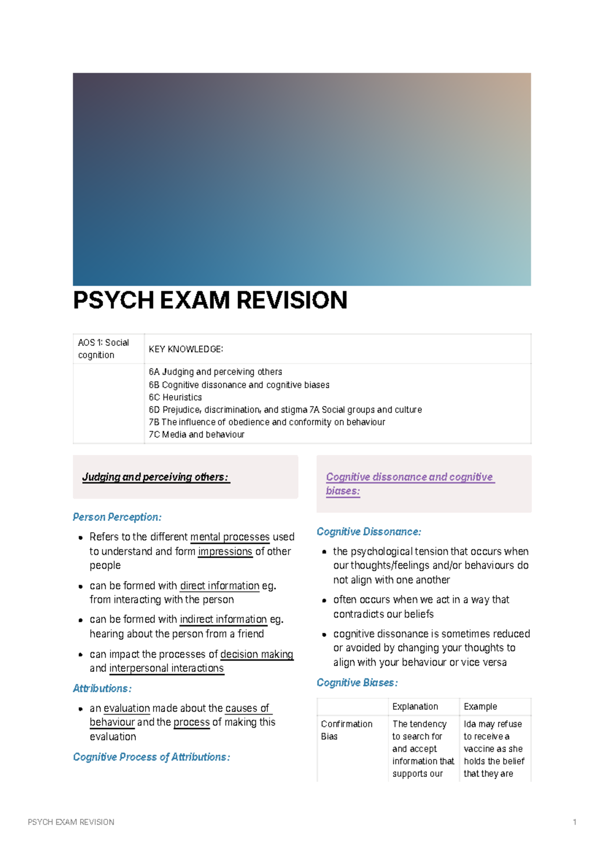 PSYCH EXAM REVISION AOS 1: Social Cognition Key Concepts and Theories ...