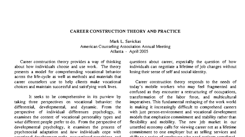 Career Construction Theory & Practice: Insights from Savickas - Studocu