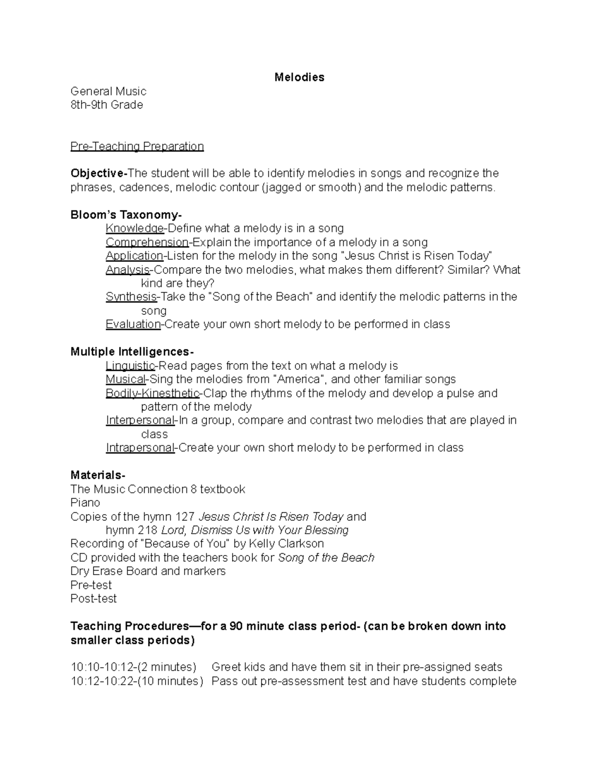 Melody Lesson Plan for 8th-9th Grade Music Class - Studocu