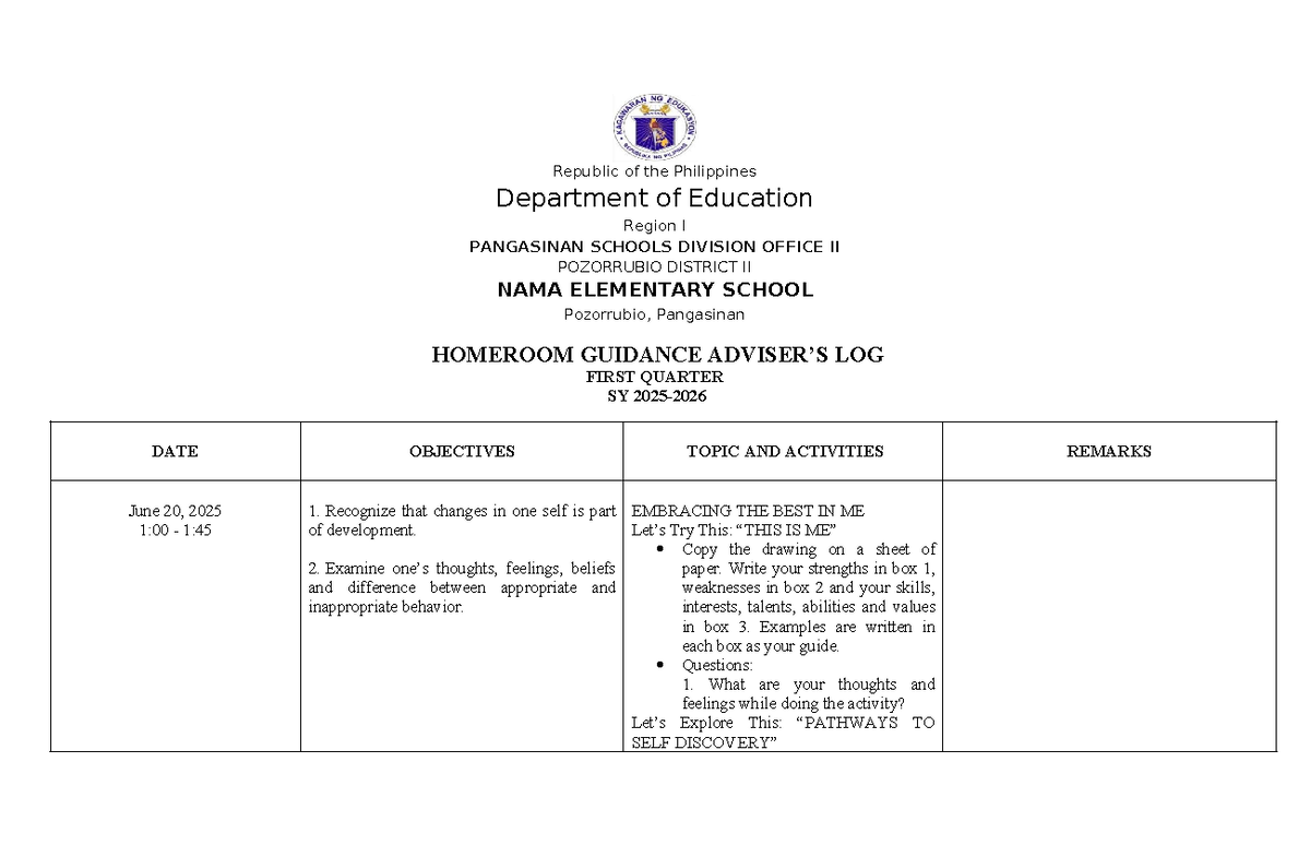 Q1 Homeroom Guidance Log 2025-2026: Embracing Self-Development - Studocu