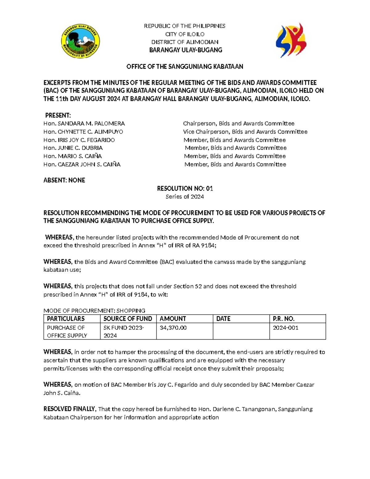 BAC Resolution No. 01 Series of 2024 for Office Supply Procurement ...