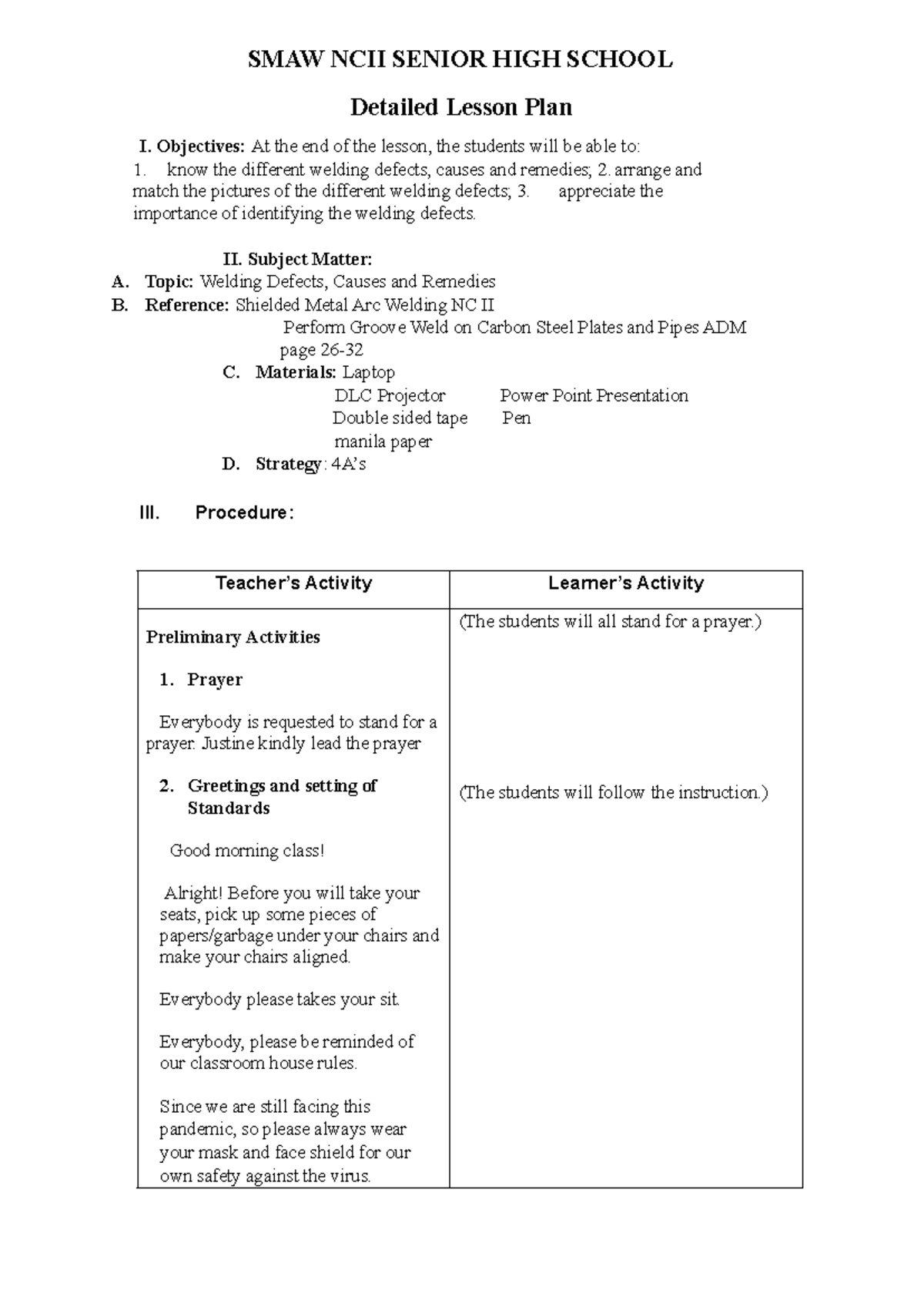 SMAW NCII Senior High School Detailed Lesson Plan on Welding Defects ...
