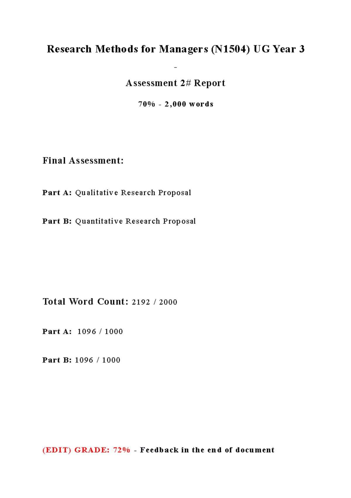 Research Methods for Managers (N1504) Final Assessment - Research ...