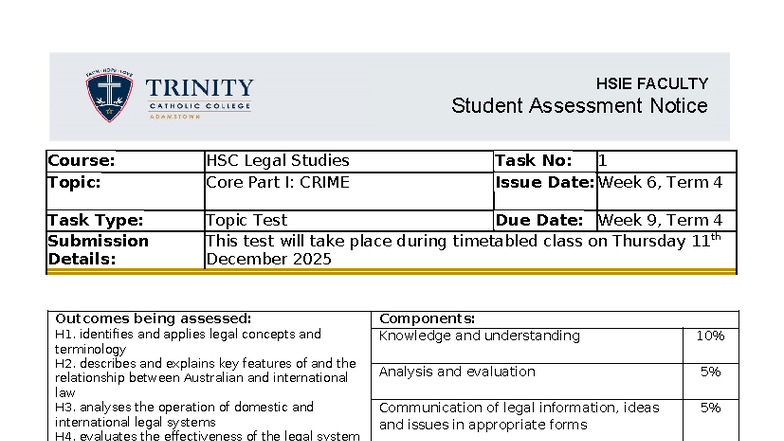 HSC Legal Studies 2025 Task 1: Crime Topic Test Notice - Studocu