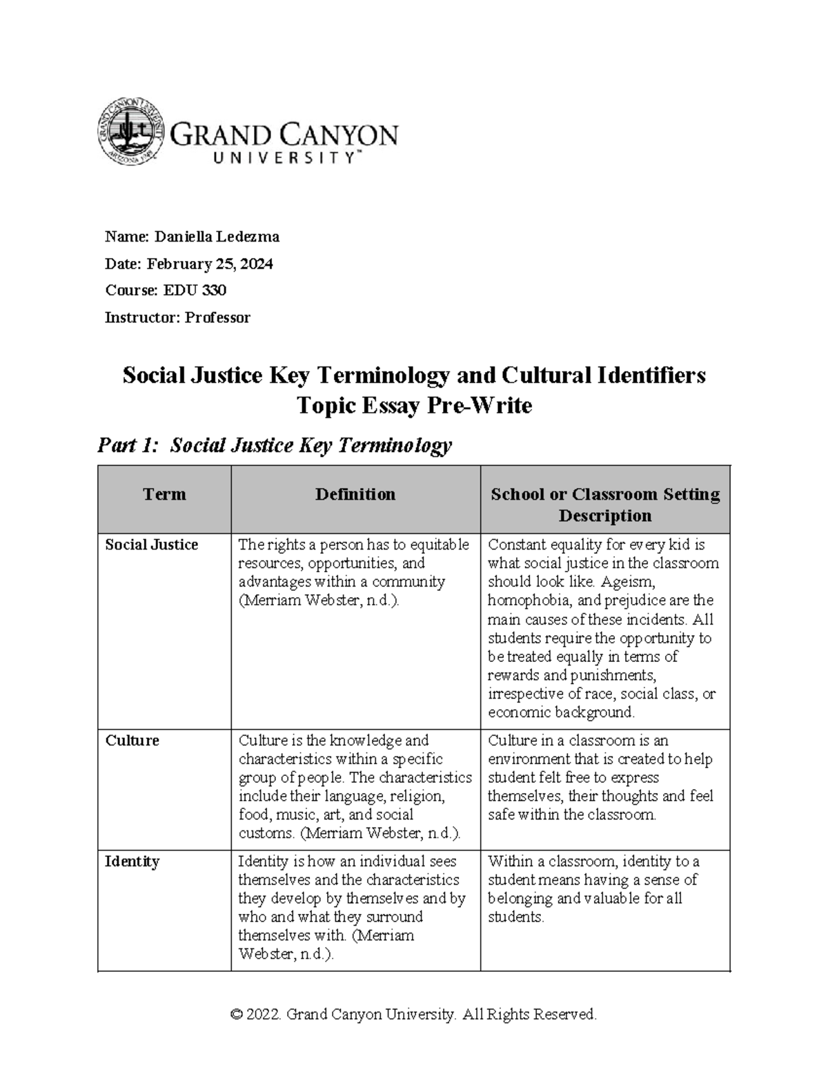 EDU330 Topic 1: Pre-Writing Assignment on Social Justice Terminology ...