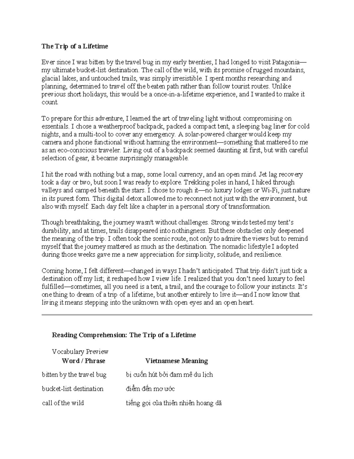 Reading Comprehension: The Trip of a Lifetime - Vocabulary & Insights ...