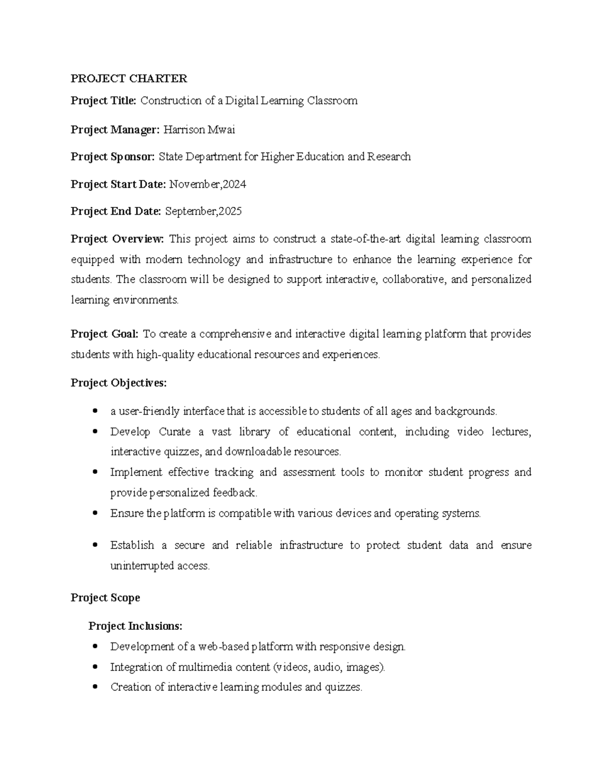 DIG 101 Project Charter: Digital Learning Classroom Initiative - Studocu