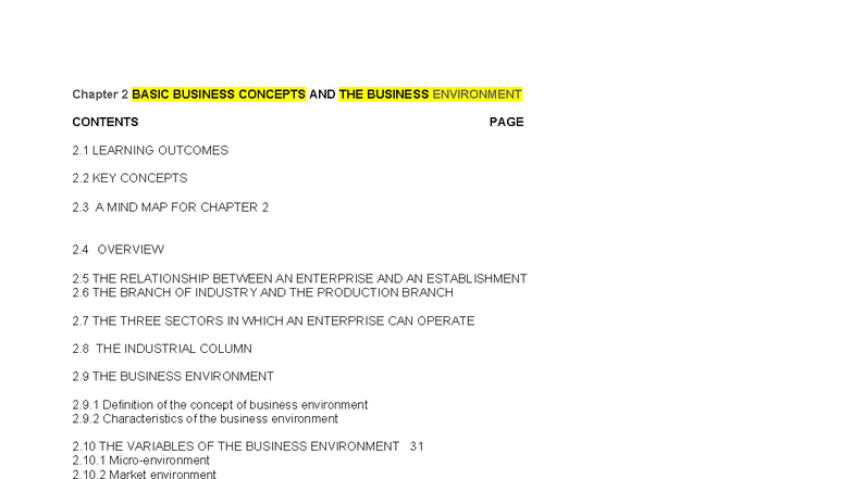 Chapter 2: Basic Business Concepts & Environment Overview (BUS101 ...