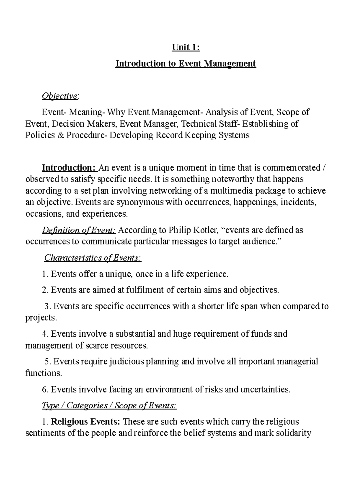 PEM unit-1 notes - Unit 1: Introduction to Event Management Objective ...