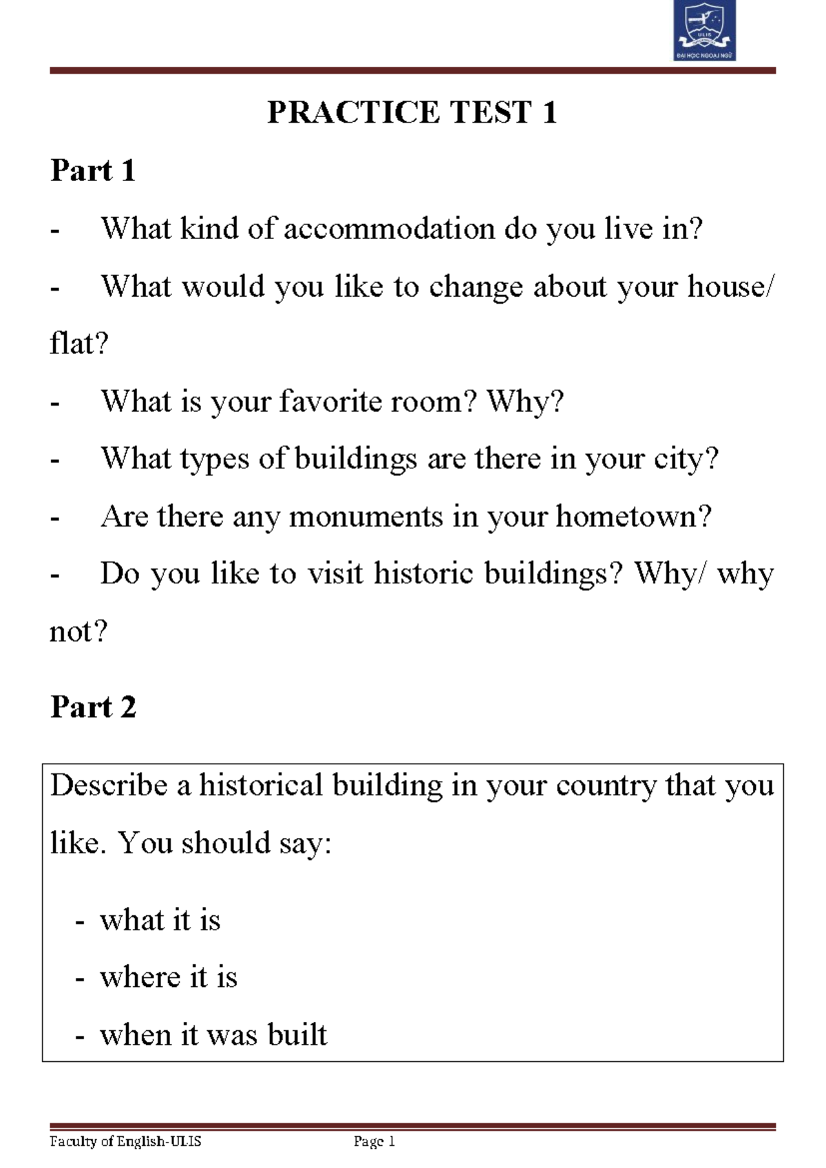 Ielts speaking practice tests - PRACTICE TEST 1 Part 1 - What kind of ...