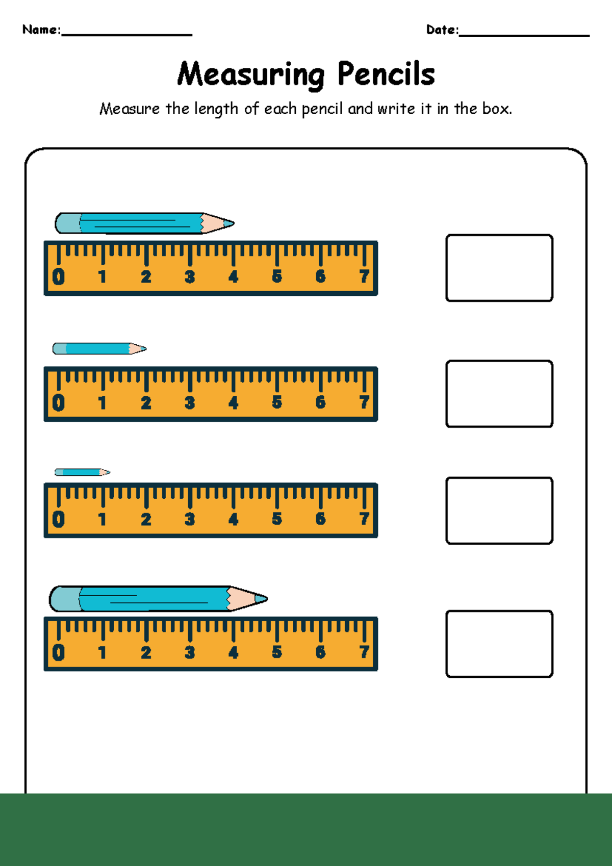 Measuring Pencils with a Ruler - 2nd Grade Worksheet - Name: Date ...