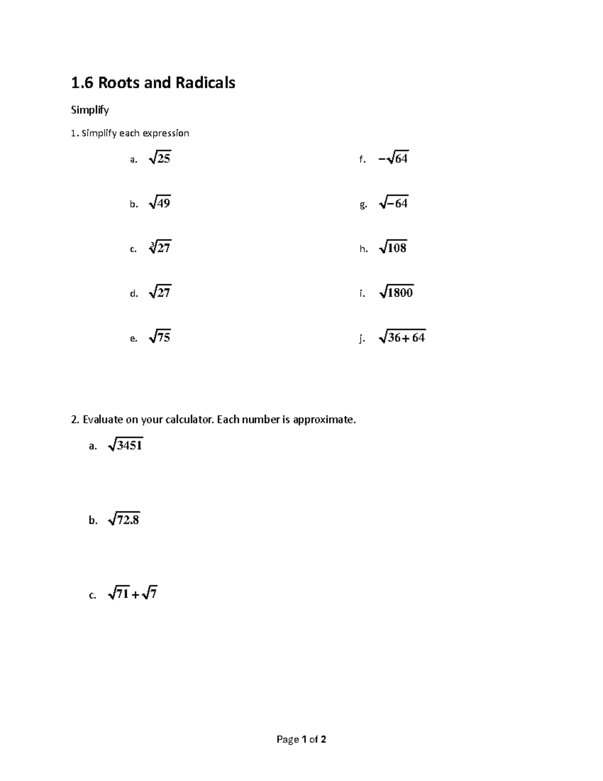 Roots and Radicals Practice Problems and Evaluations (Math 101) - Studocu