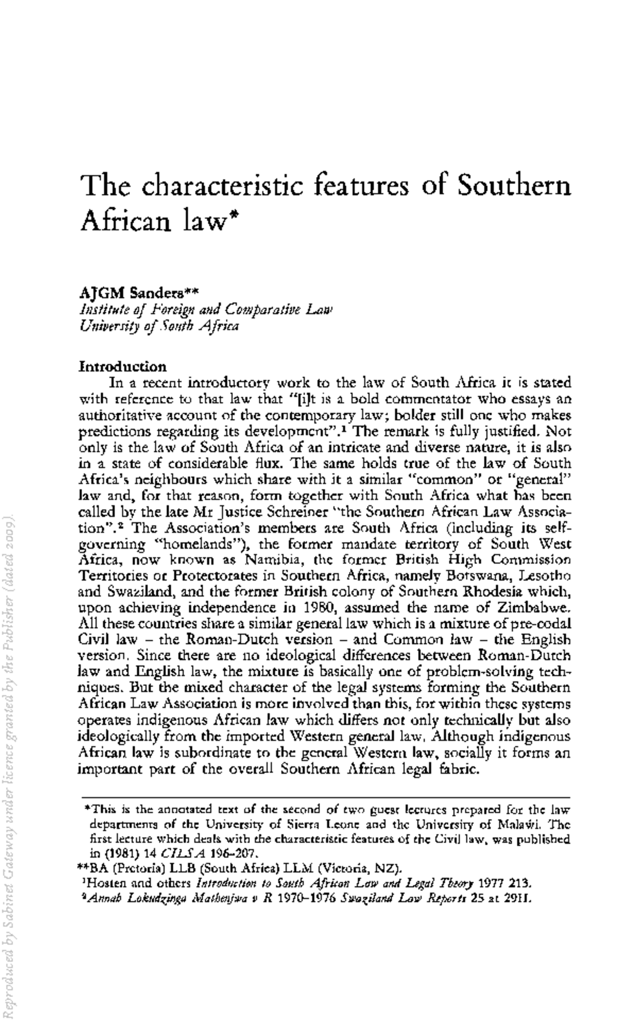 Southern African Law Characteristics: A Study by AJGM Sanders - Studocu