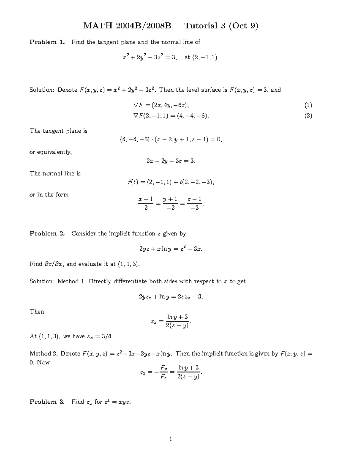 MATH Tut3: Tangent Planes, Normal Lines & Vector Fields Solutions - Studocu