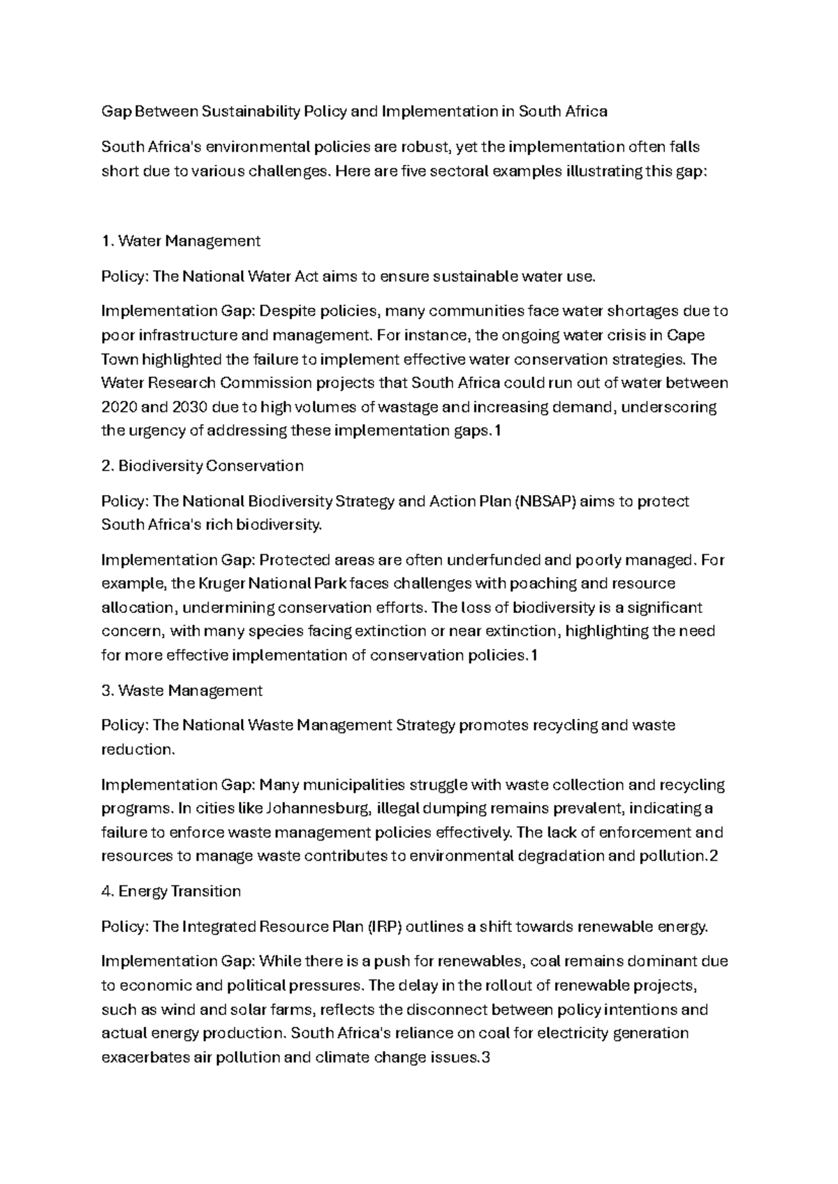 Sustainability Policy vs. Implementation Gaps in South Africa - Studocu