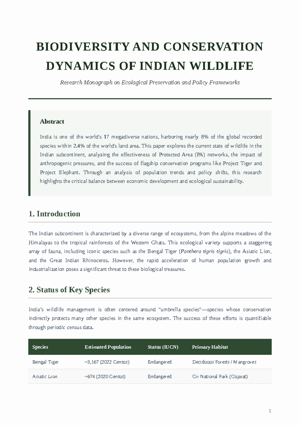 Wildlife India Research Paper: Biodiversity & Conservation Dynamics ...