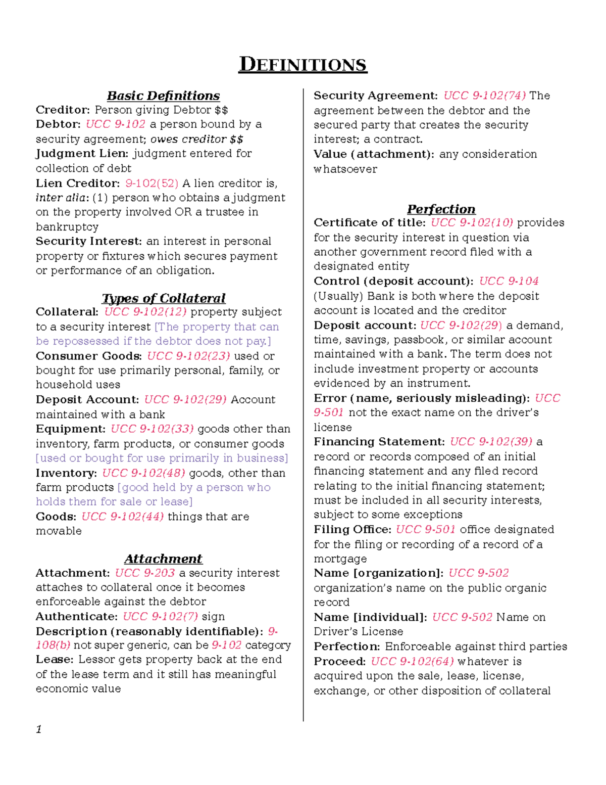 Secured Transactions Outline - D EFINITIONS Basic Definitions Creditor ...