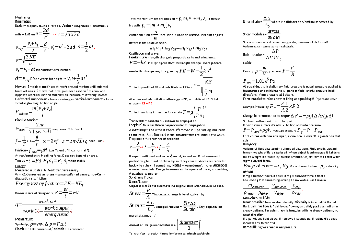 Cheat Sheet - ####### Mechanics ####### Kinematics: ####### Scalar = magnitude, no direction ...