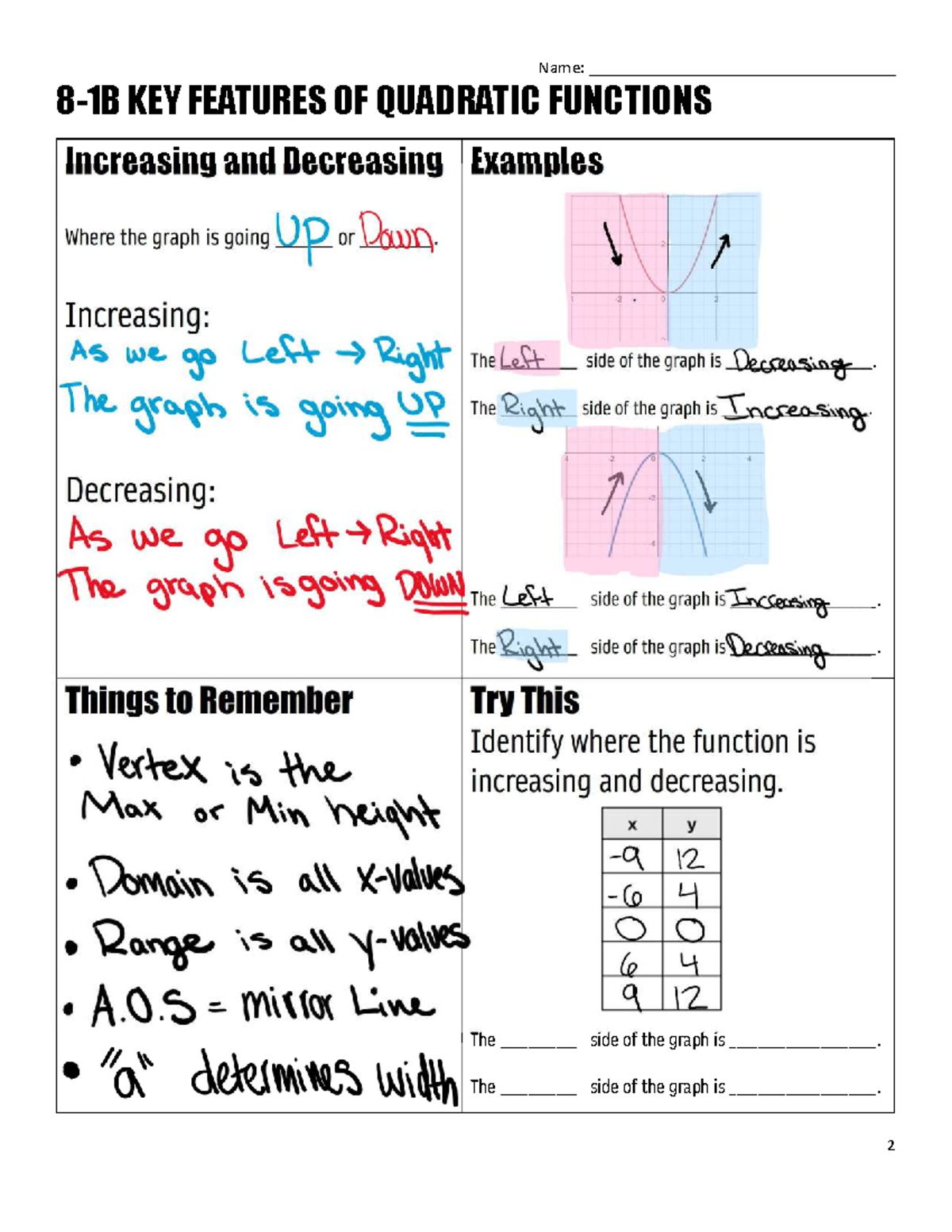 Topic 8 Filled In Notesheets 2025: Key Features of Quadratic Functions ...