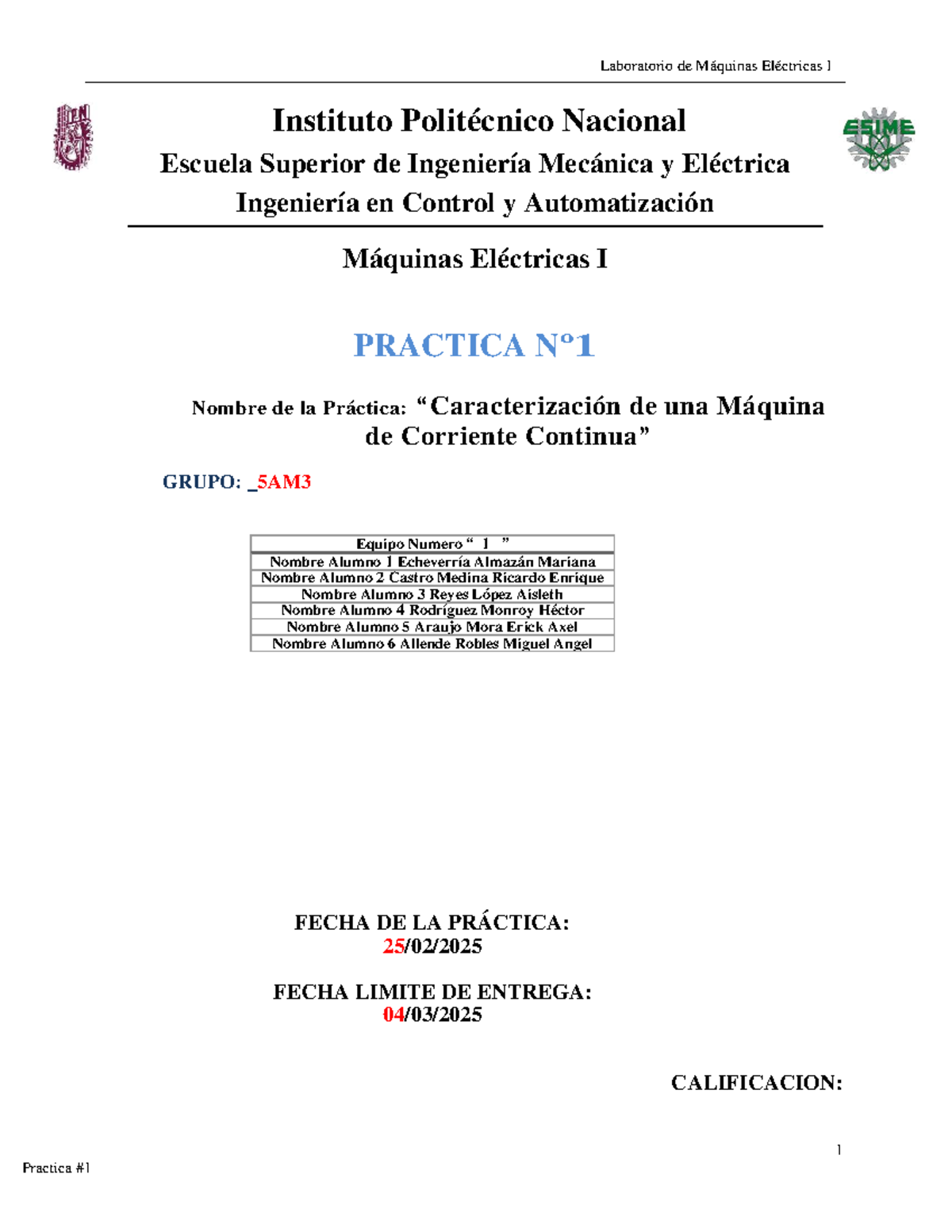 Práctica 1: Identificación y Análisis de Máquinas Eléctricas I - 5AM3 - Studocu