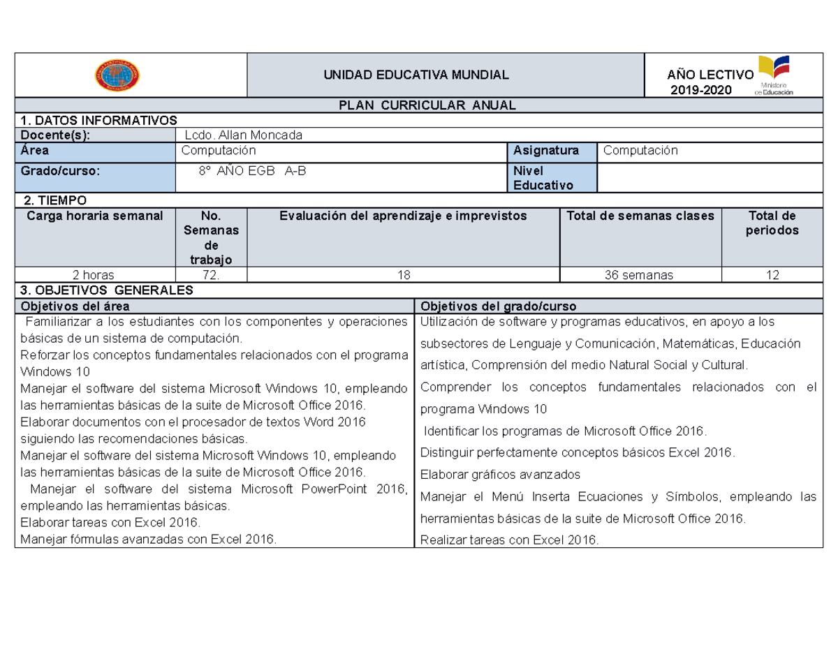 PCA COMP 8vo EGB 2019 - Planificación Anual y Semanal en Computación ...