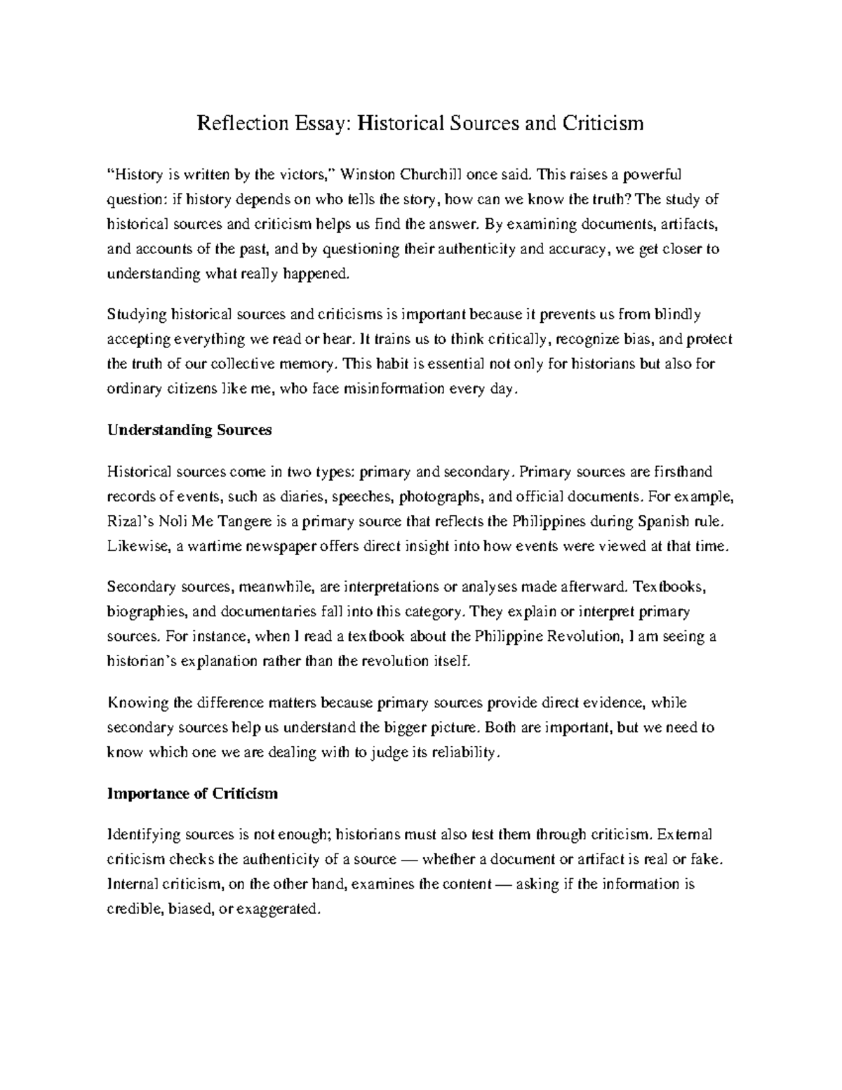 HIST 101: Reflection on Historical Sources & Criticism - Studocu